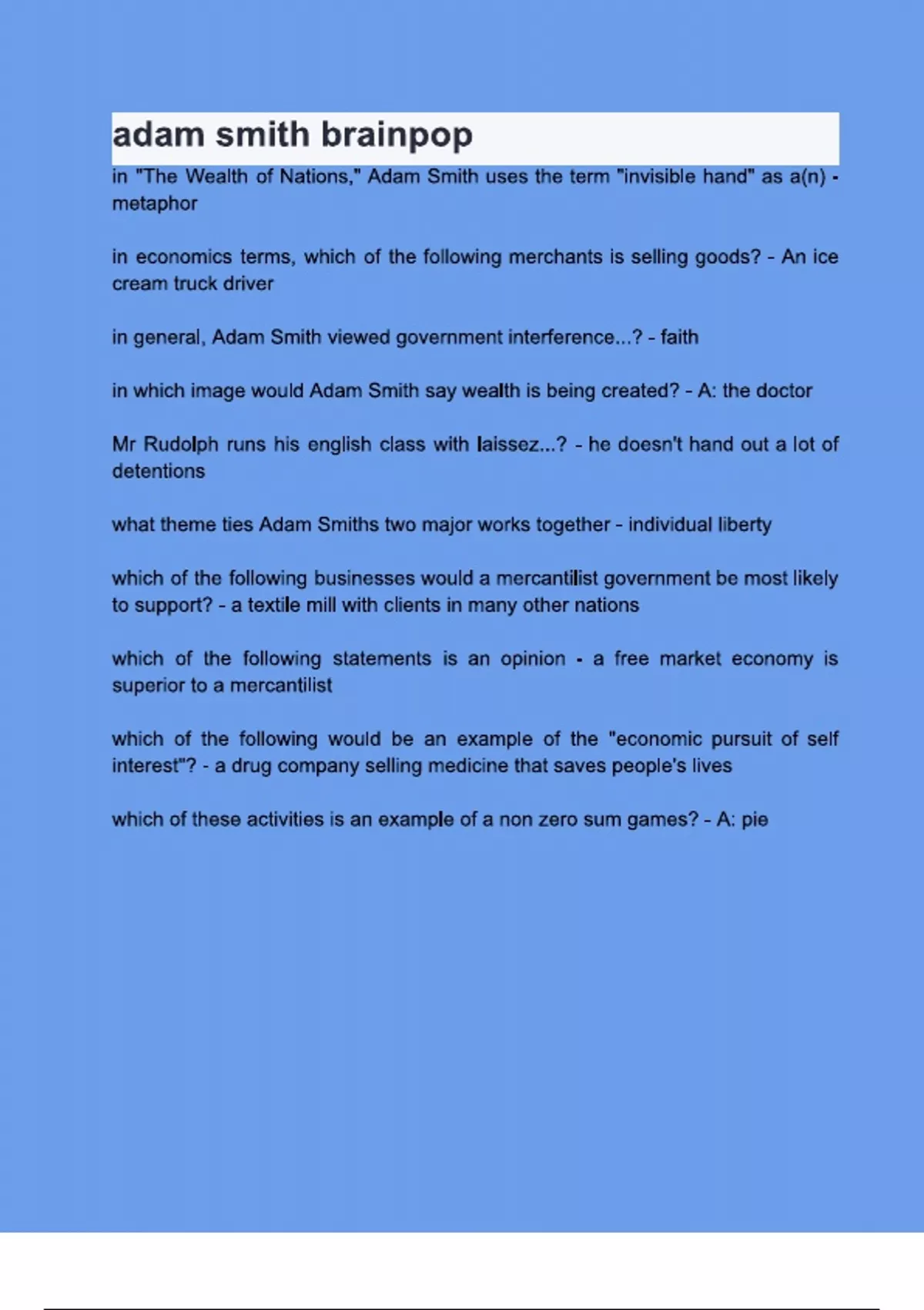 adam smith brainpop questions and answers - Brainpop - Stuvia UK