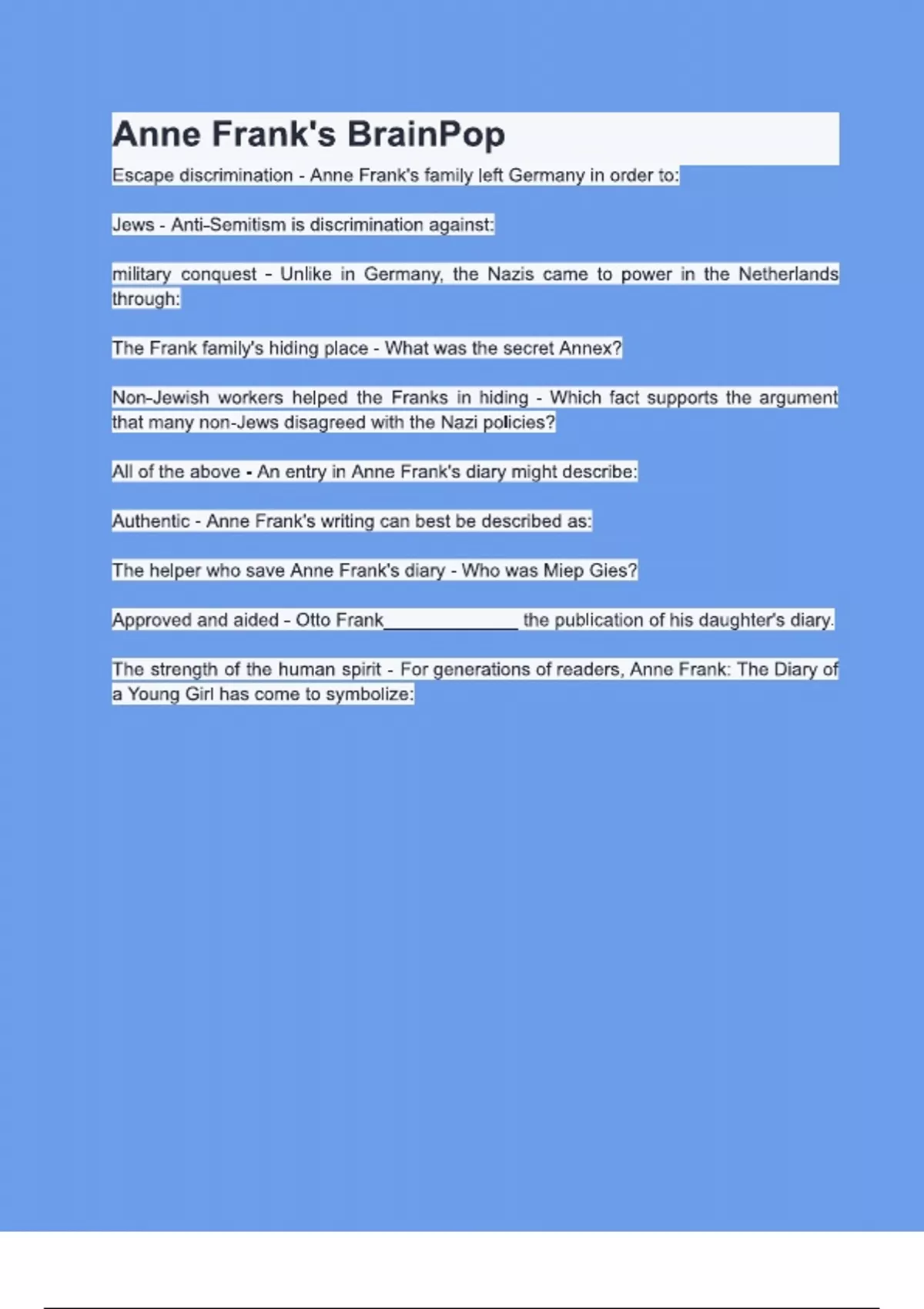 Anne Frank-s BrainPop questions and answers - Brainpop - Stuvia US