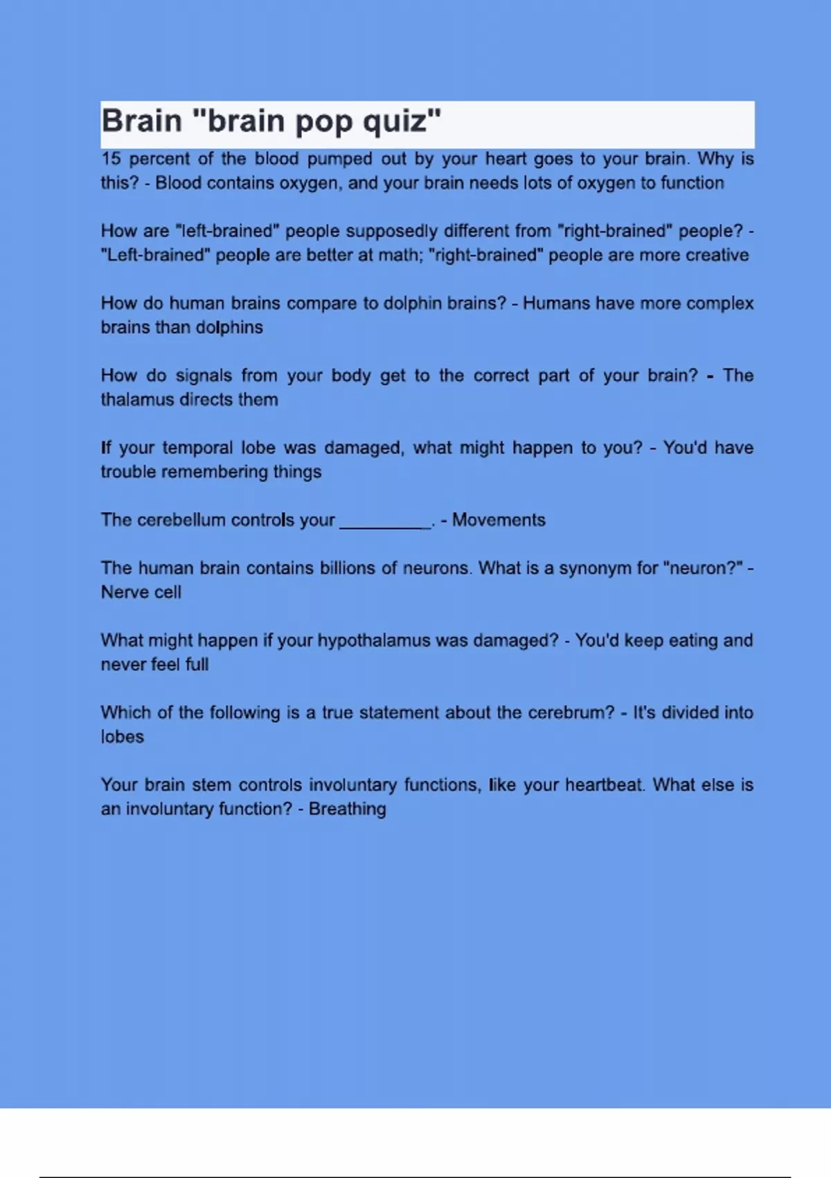 Brain brain pop quiz questions and answers. - Brainpop - Stuvia US