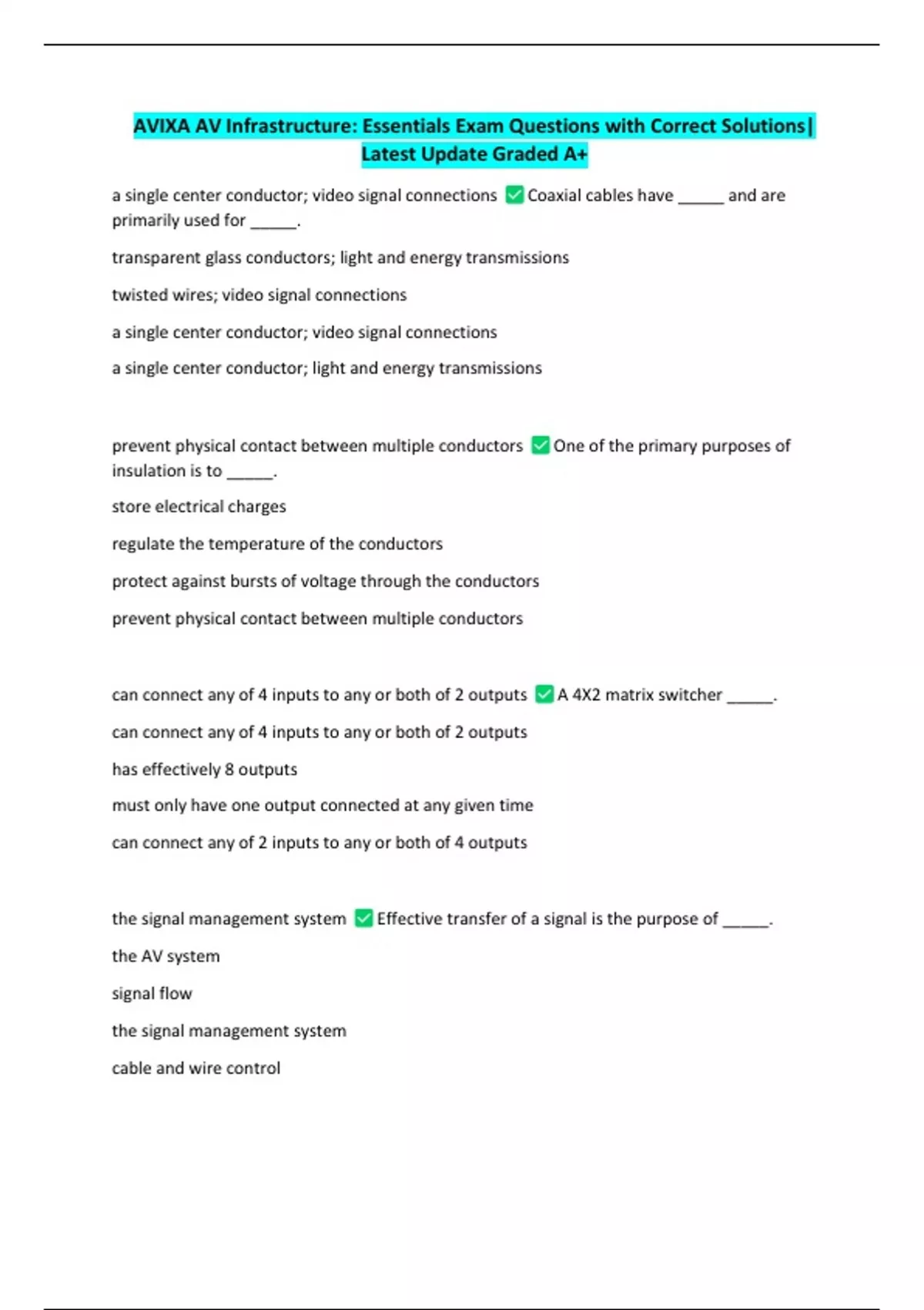 AVIXA AV Infrastructure: Essentials Exam Questions with Correct ...
