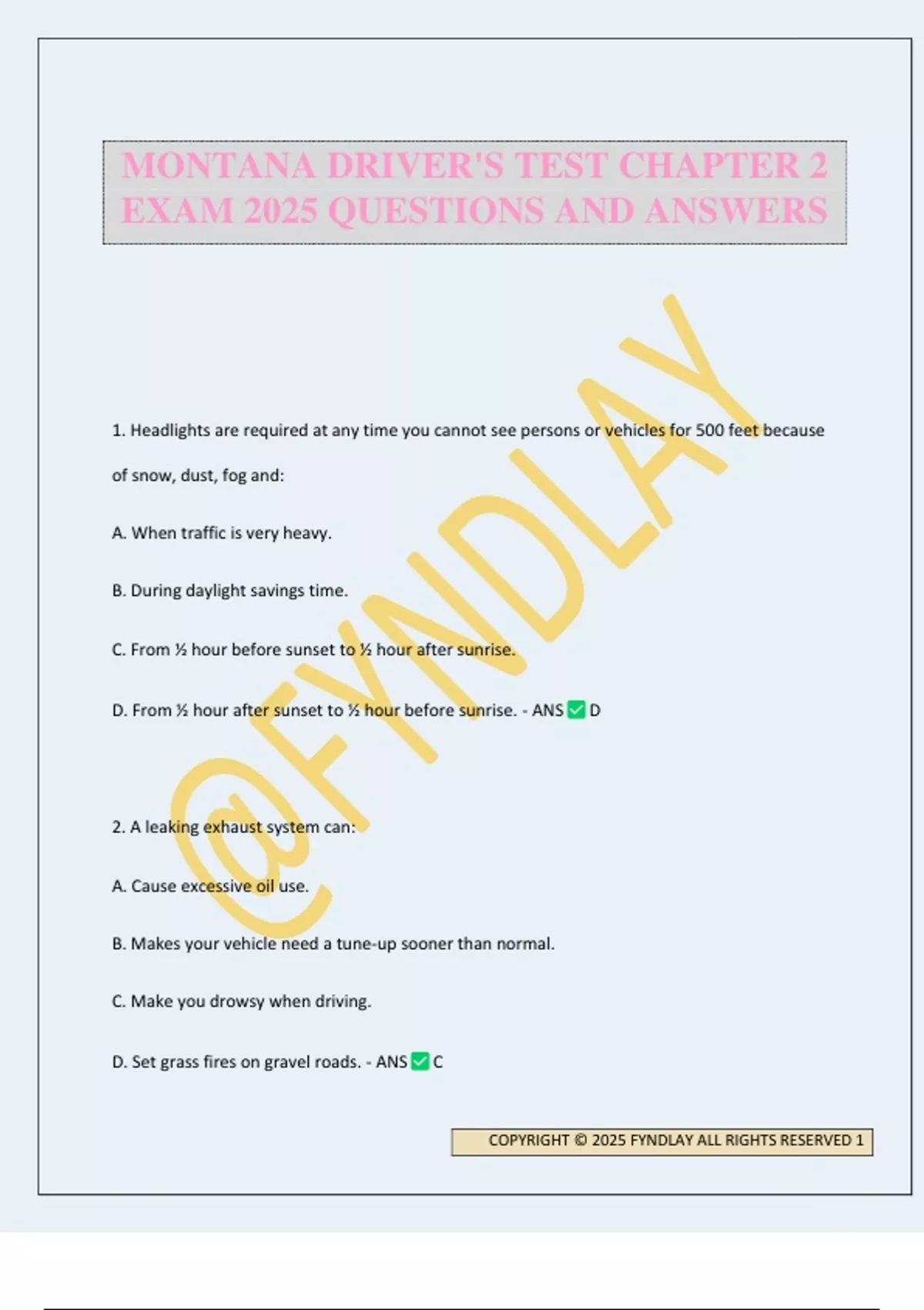MONTANA DRIVER'S TEST CHAPTER 2 EXAM 2025 QUESTIONS AND ANSWERS ...