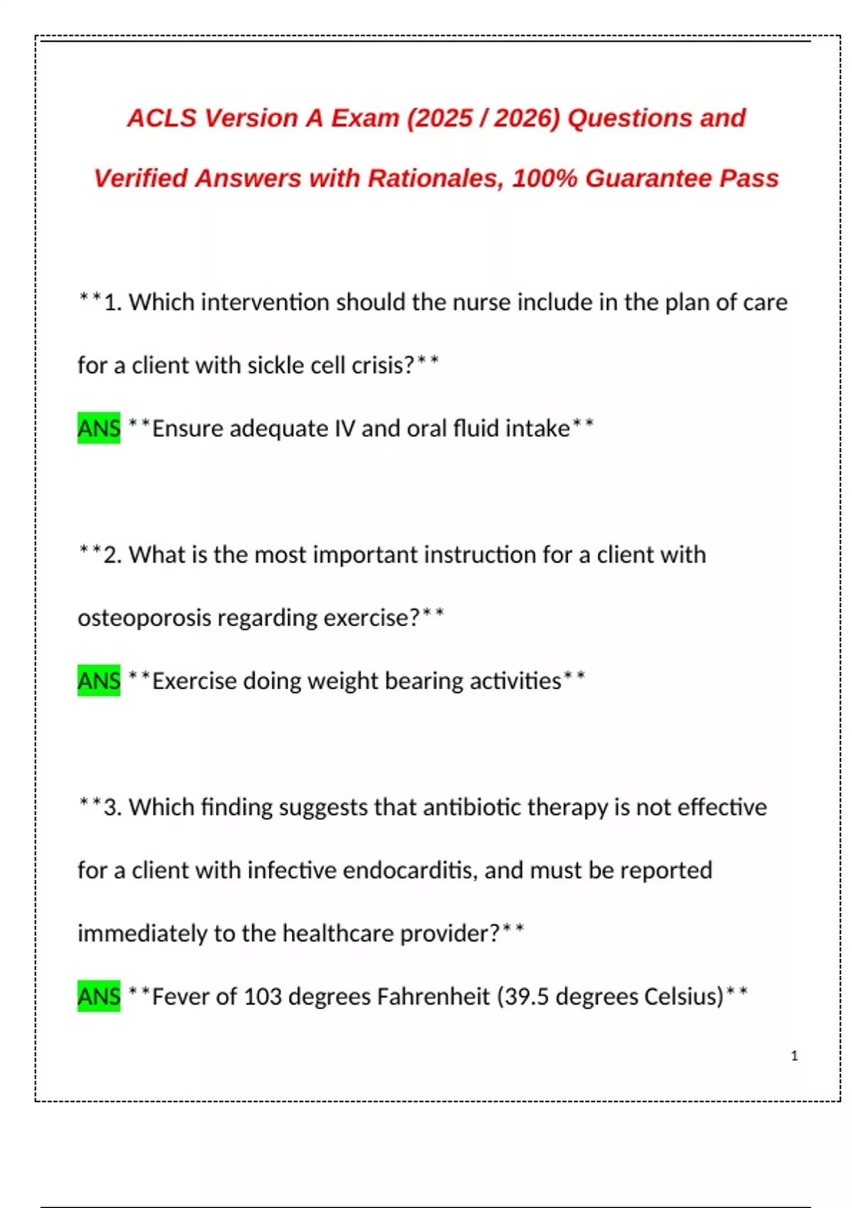 ACLS Version A Exam (2025 / 2026) Questions and Verified Answers with Rationales, 100% Guarantee ...
