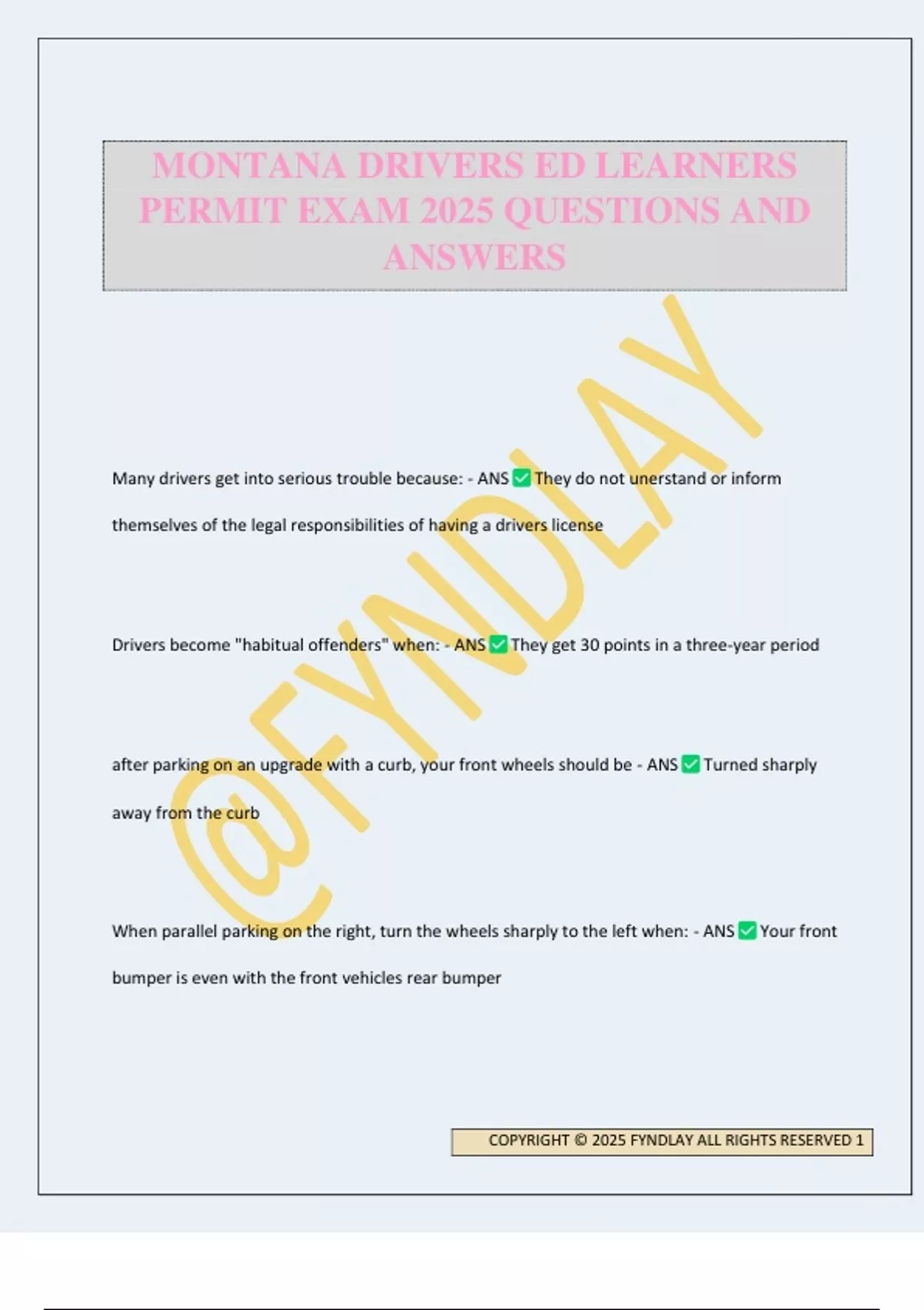 MONTANA DRIVERS ED LEARNERS PERMIT EXAM 2025 QUESTIONS AND ANSWERS ...