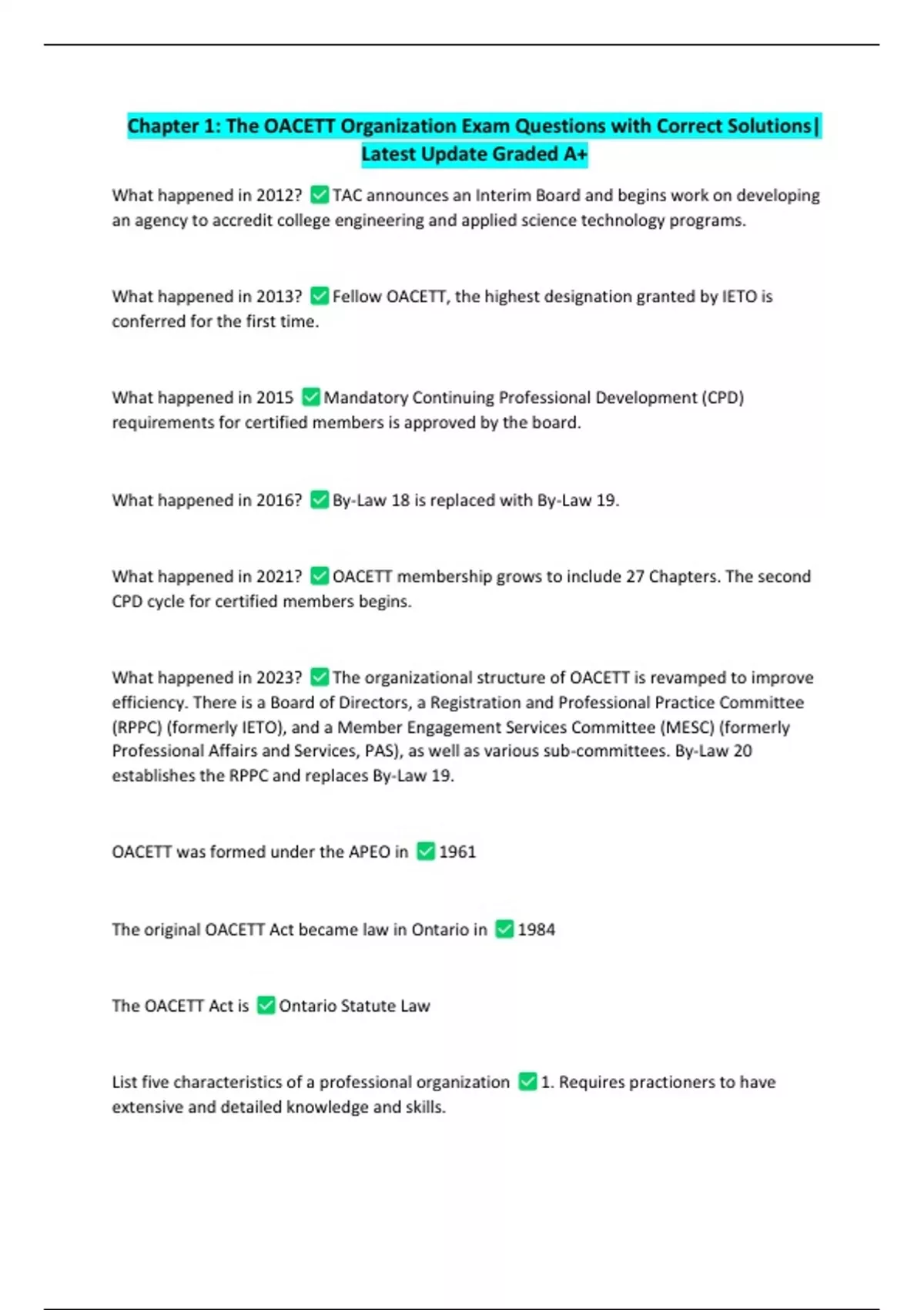 Chapter 1: The OACETT Organization Exam Questions with Correct ...