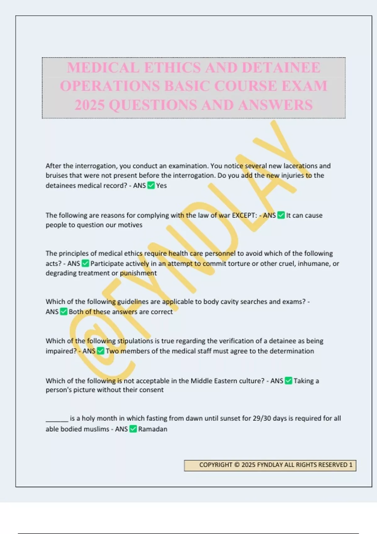 MEDICAL ETHICS AND DETAINEE OPERATIONS BASIC COURSE EXAM 2025 QUESTIONS ...