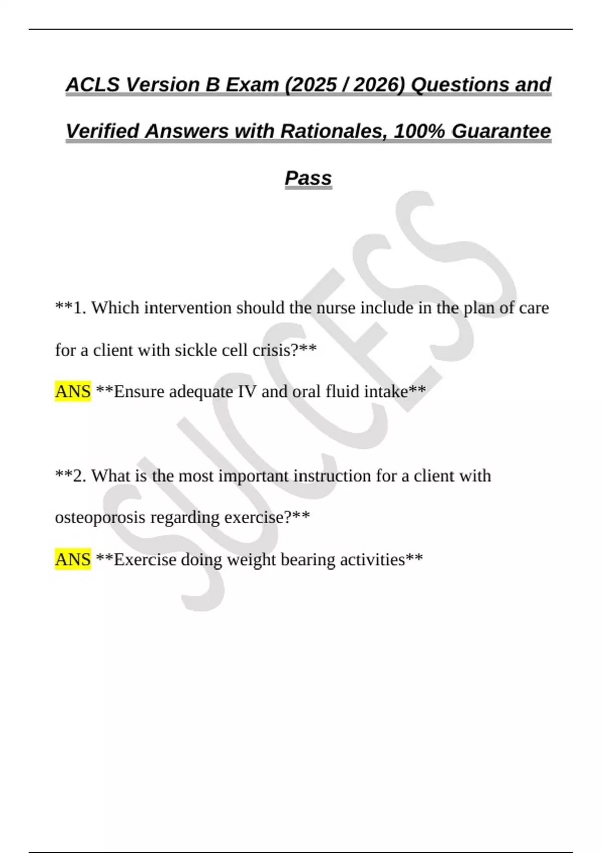 ACLS Version B Exam (2025 / 2026) Questions and Verified Answers with Rationales, 100% Guarantee ...