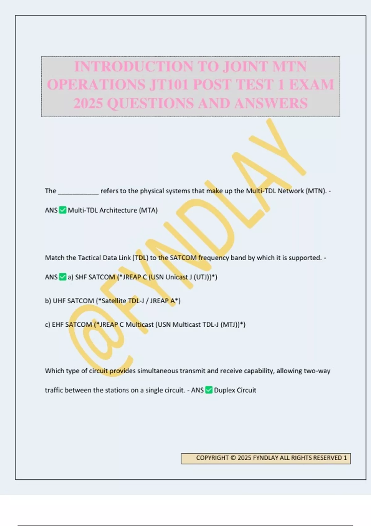 INTRODUCTION TO JOINT MTN OPERATIONS JT101 POST TEST 1 EXAM 2025 ...