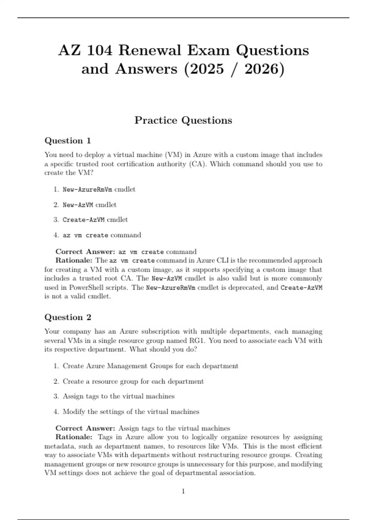 AZ 104 Renewal Exam Questions and Answers (2025 / 2026) - AZ 104 ...