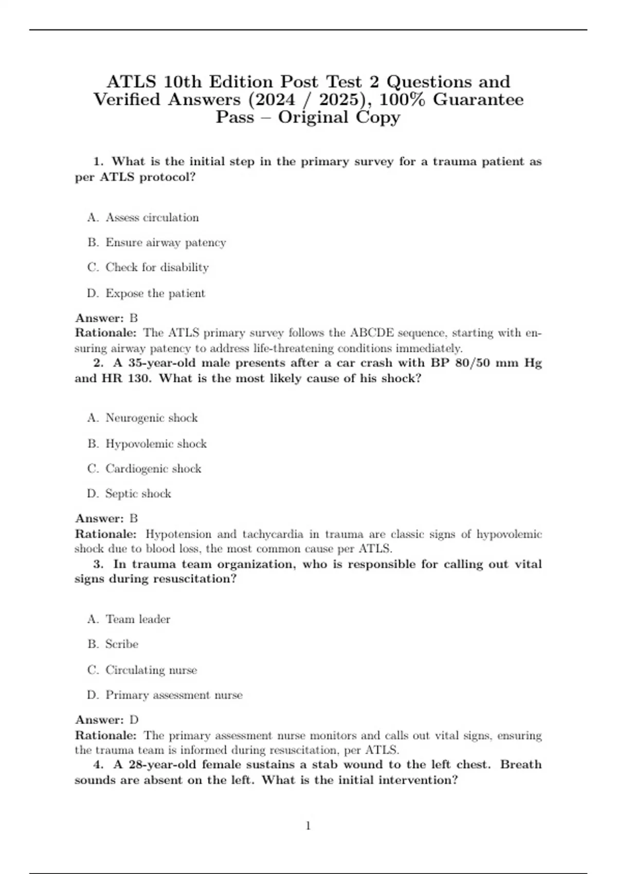 ATLS 10th Edition Post Test 2 Questions and Verified Answers (2024 / ...