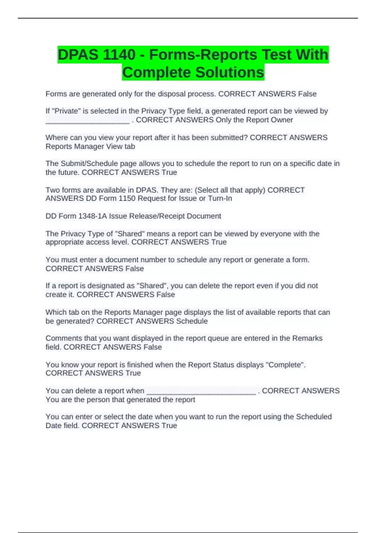 DPAS 1140 - Forms-Reports Test With Complete Solutions - DPAS 1140 ...