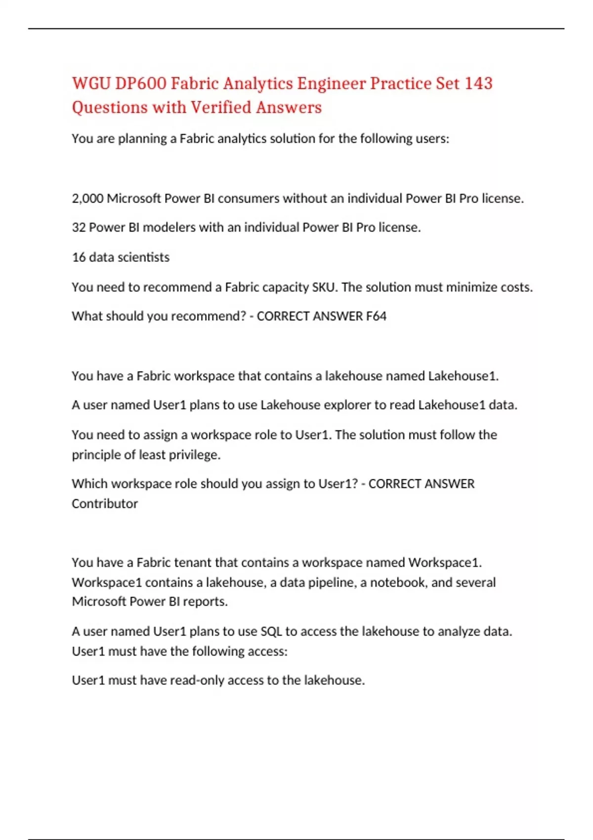 WGU DP600 Fabric Analytics Engineer Practice Set 143 Questions with ...