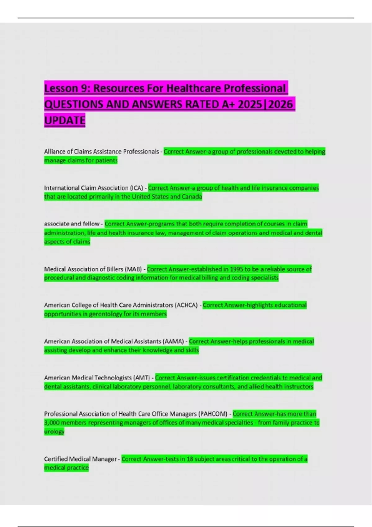 Lesson 9: Resources For Healthcare Professional QUESTIONS AND ANSWERS ...