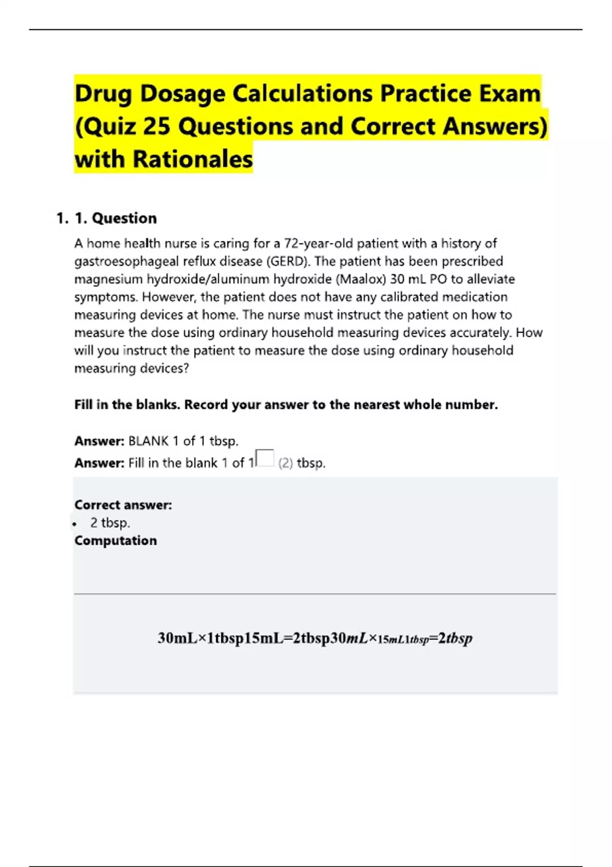 Rationalized Drug Dosage Calculations Practice Exam (LATEST 2025 / 2026 ...