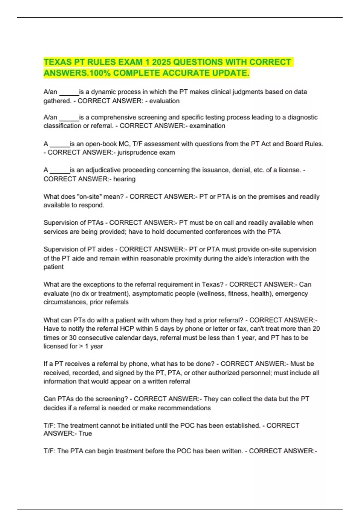 TEXAS PT RULES EXAM 1 2025 QUESTIONS WITH CORRECT ANSWERS.100% COMPLETE ...