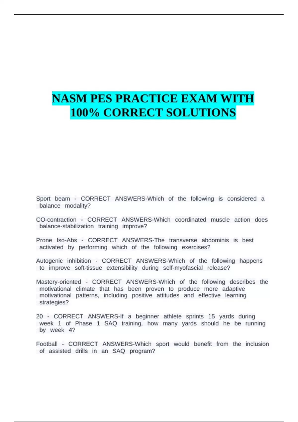 NASM PES PRACTICE EXAM WITH 100- CORRECT SOLUTION - NASM - Stuvia US