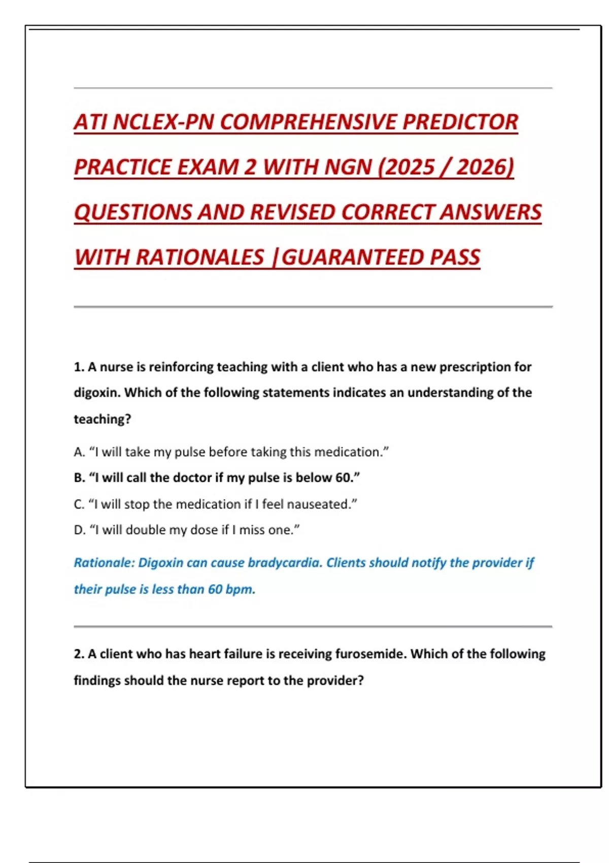 ATI NCLEX-PN COMPREHENSIVE PREDICTOR PRACTICE EXAM 2 WITH NGN (2025 / ...