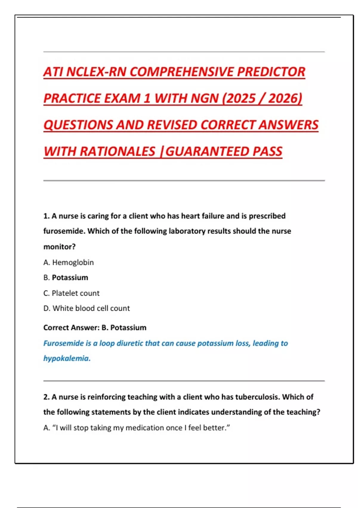 ATI NCLEX-RN COMPREHENSIVE PREDICTOR PRACTICE EXAM 1 WITH NGN (2025 / ...