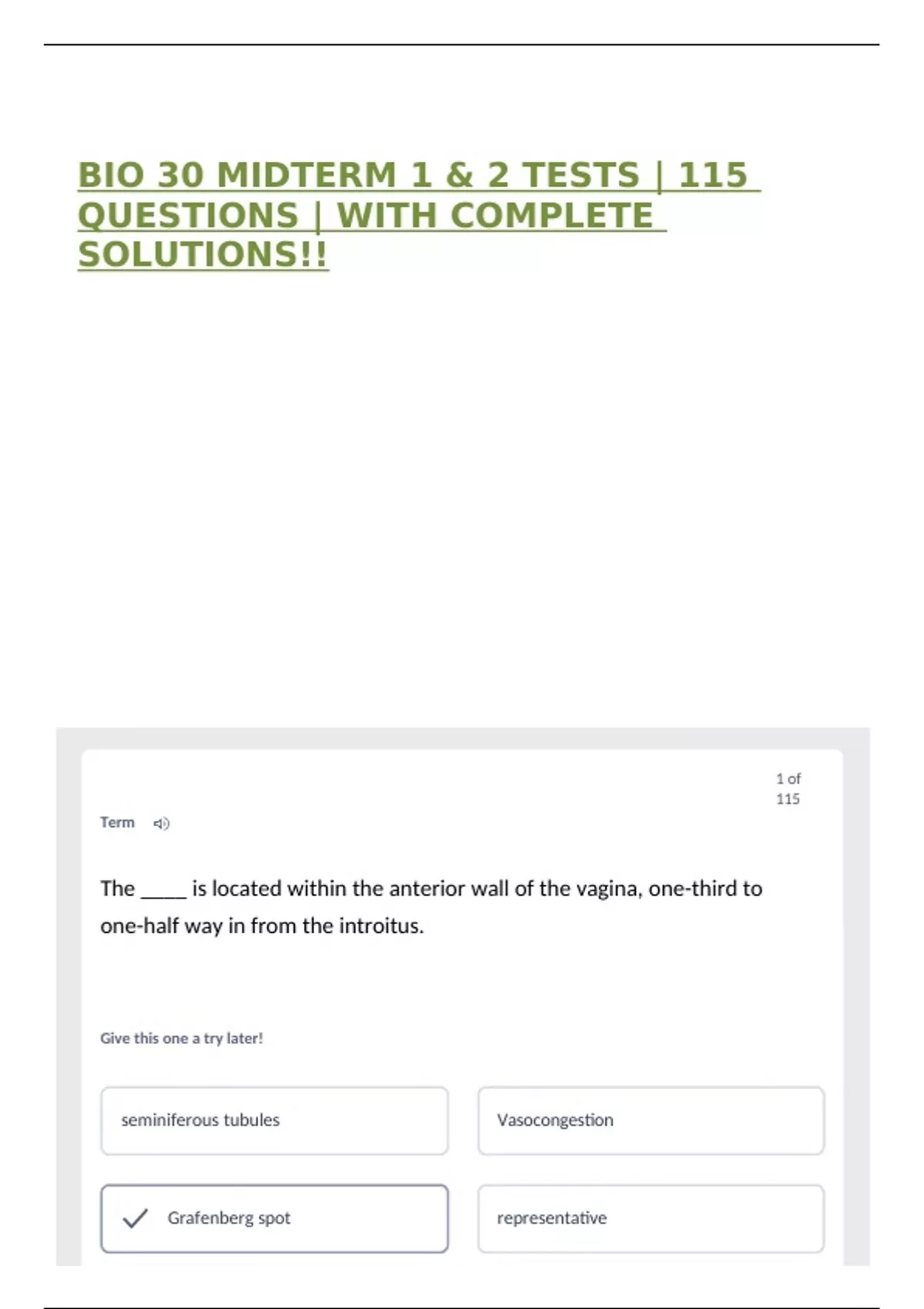 BIO 30 MIDTERM 1 & 2 TESTS | 115 QUESTIONS | WITH COMPLETE SOLUTIONS ...
