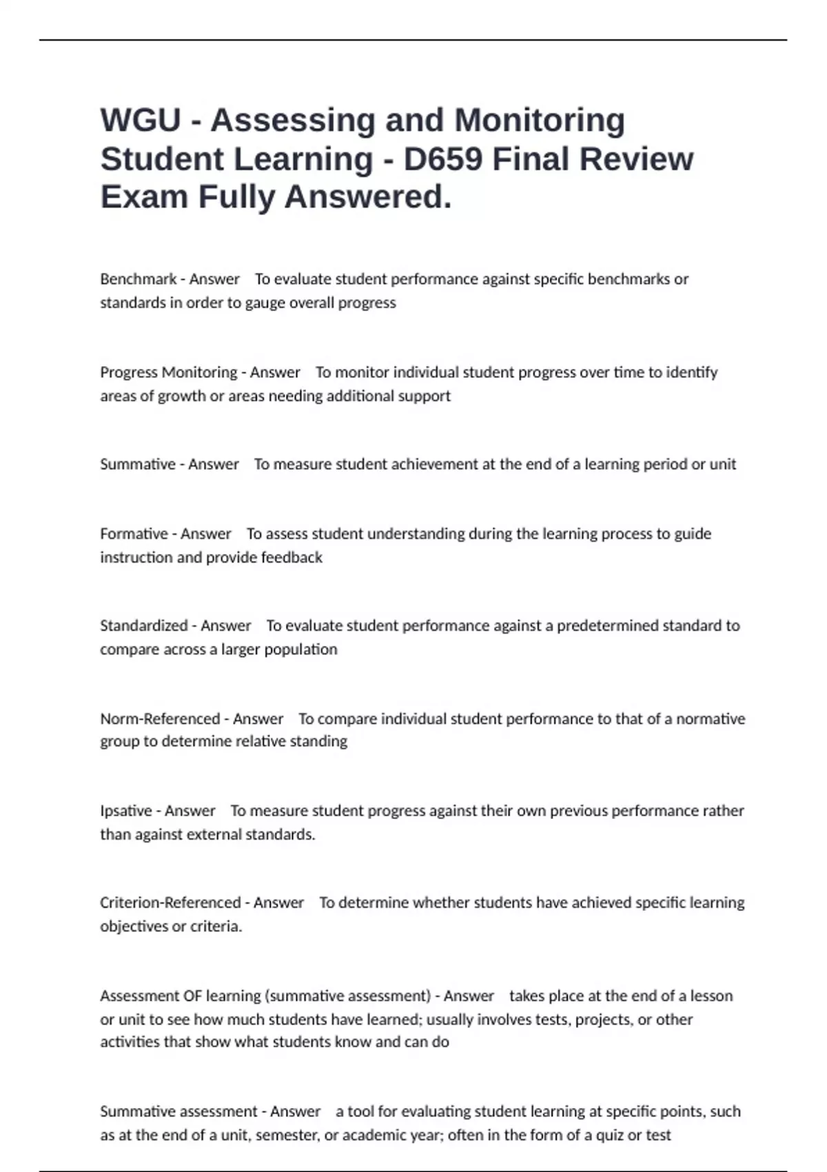WGU - Assessing and Monitoring Student Learning - D659 Final Review ...