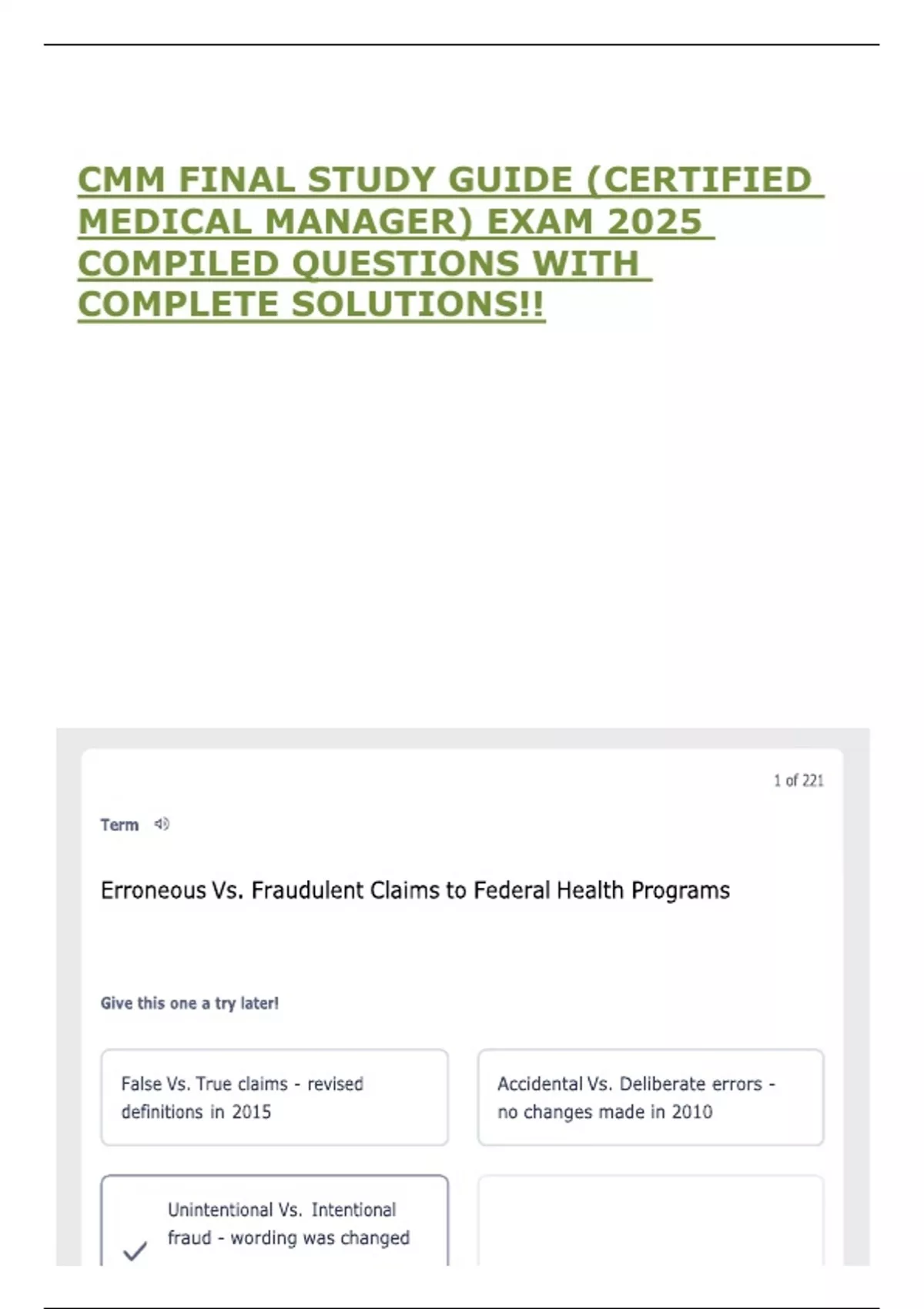 CMM FINAL STUDY GUIDE (CERTIFIED MEDICAL MANAGER) EXAM 2025 COMPILED QUESTIONS WITH COMPLETE ...