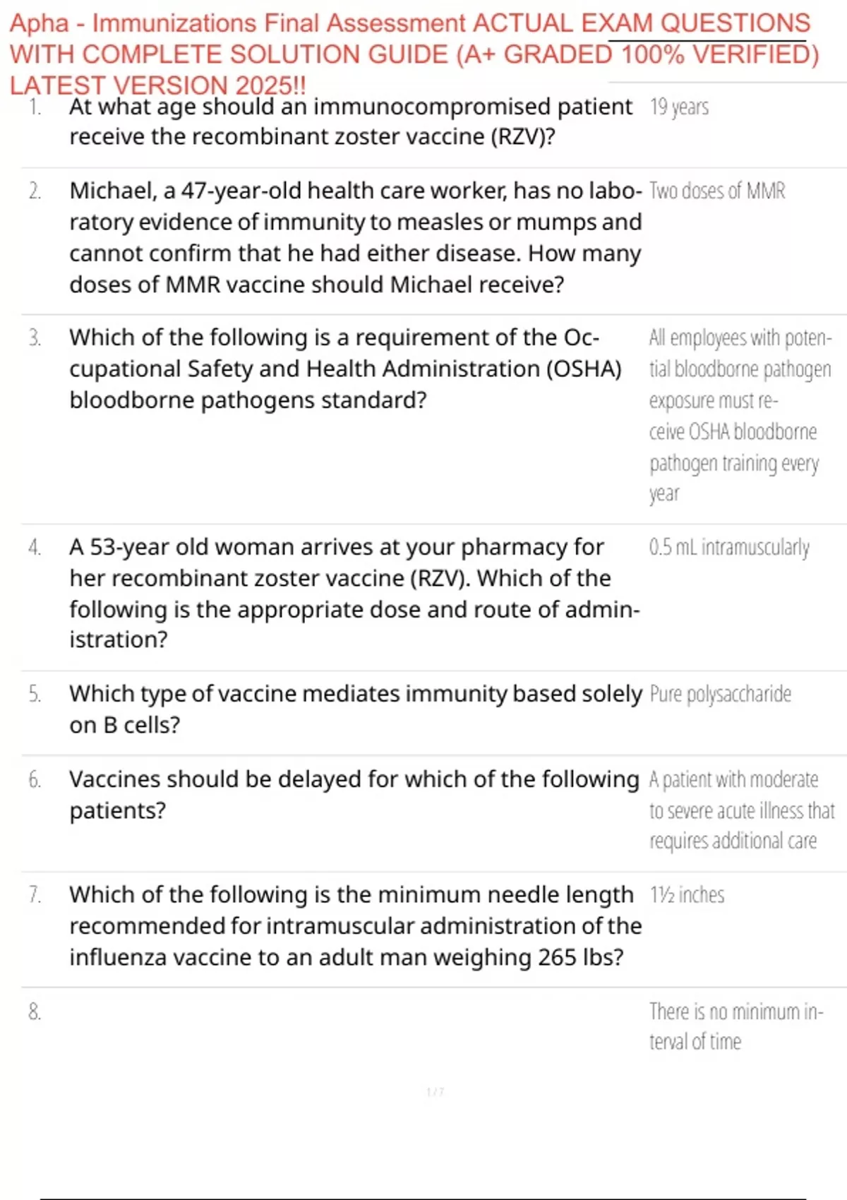 Apha - Immunizations Final Assessment ACTUAL EXAM QUESTIONS WITH ...
