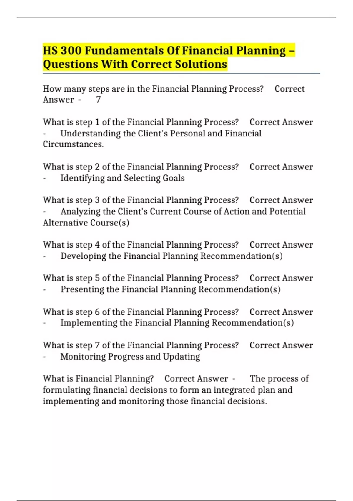 HS 300 Fundamentals Of Financial Planning – Questions With Correct Solutions - HS 300 ...