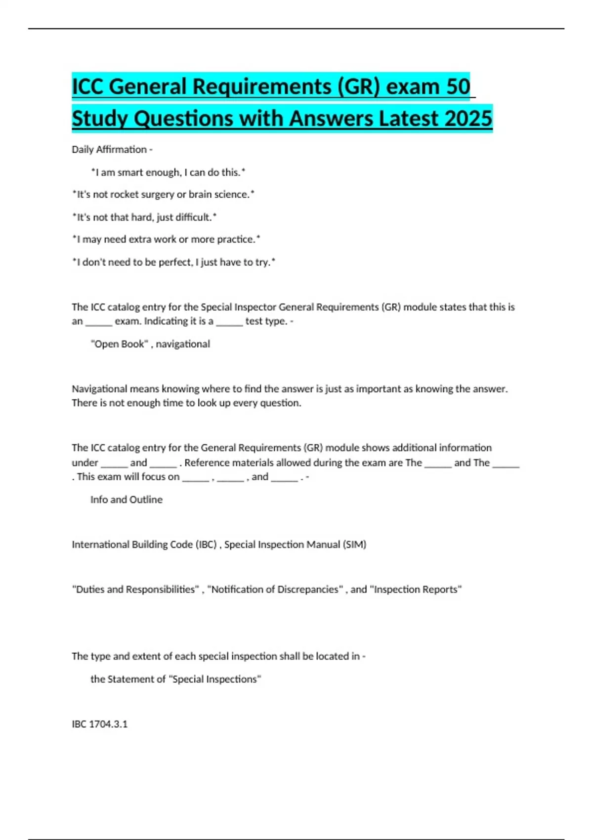 ICC General Requirements (GR) exam 50 Study Questions with Answers ...