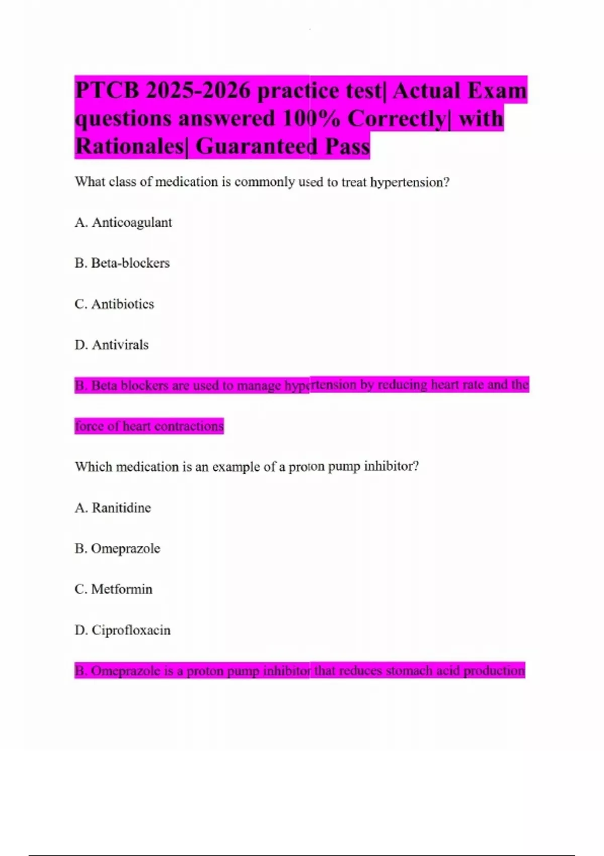 PTCB practice test| Actual Exam questions answered 100% Correctly| with ...