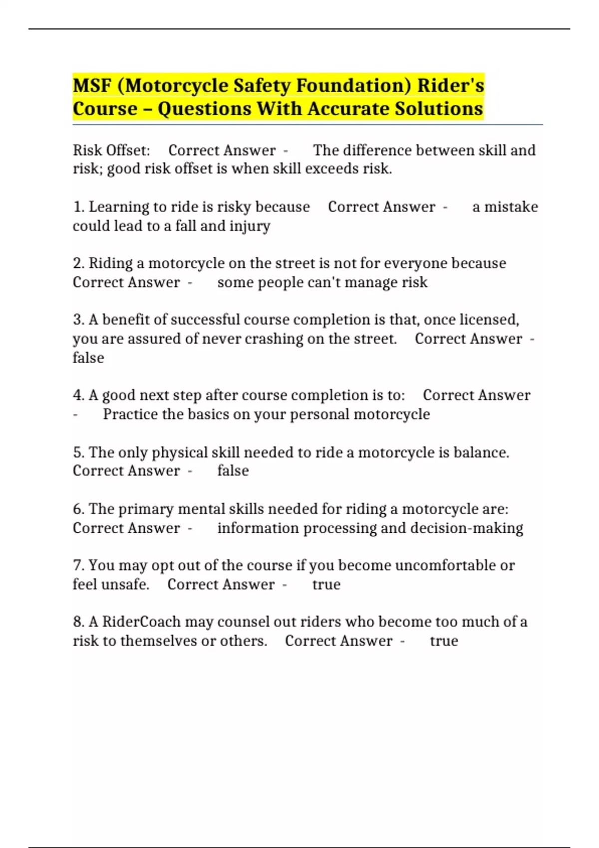 MSF (Motorcycle Safety Foundation) Rider's Course – Questions With ...