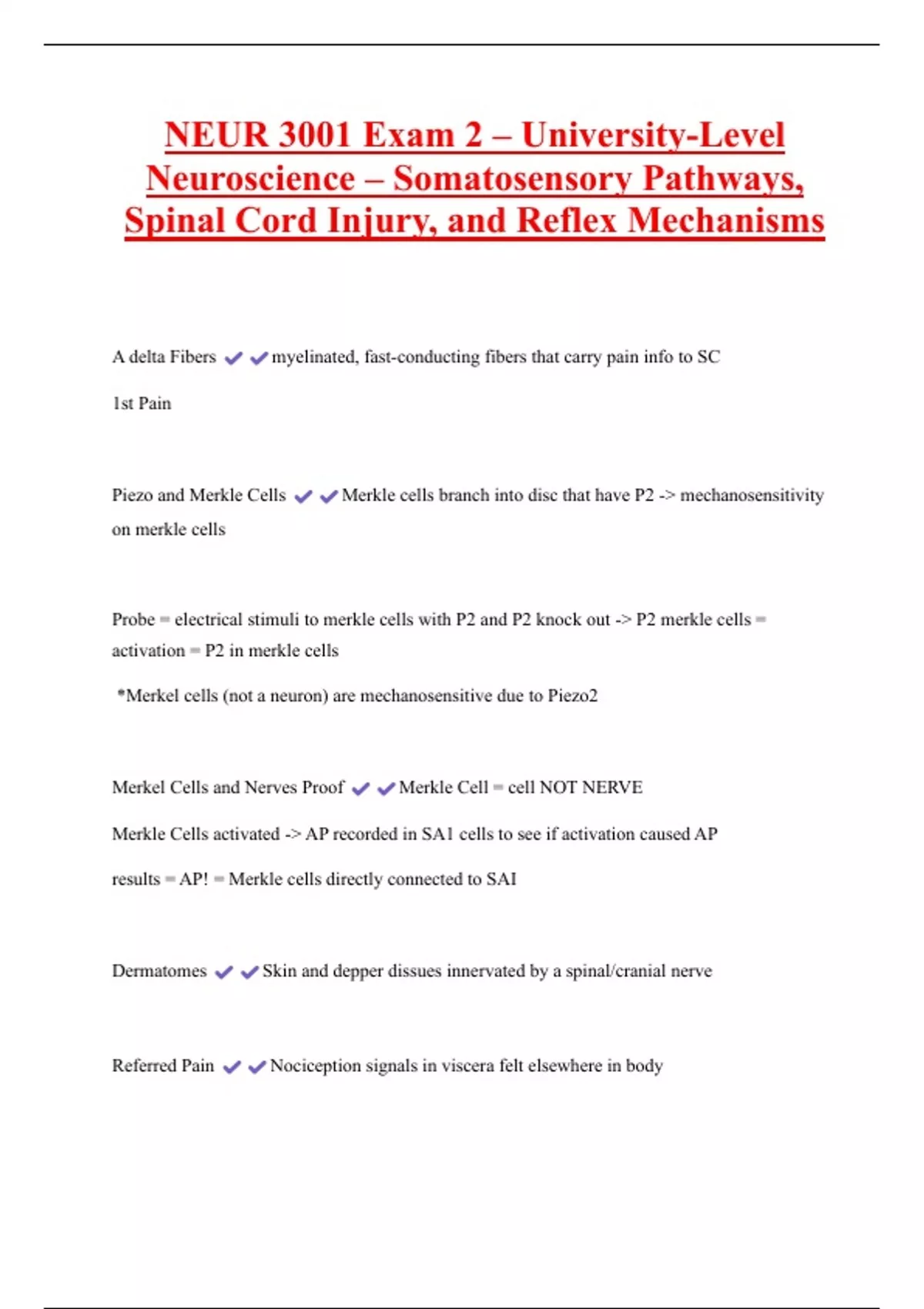 NEUR 3001 Exam 2 – University-Level Neuroscience – Somatosensory ...