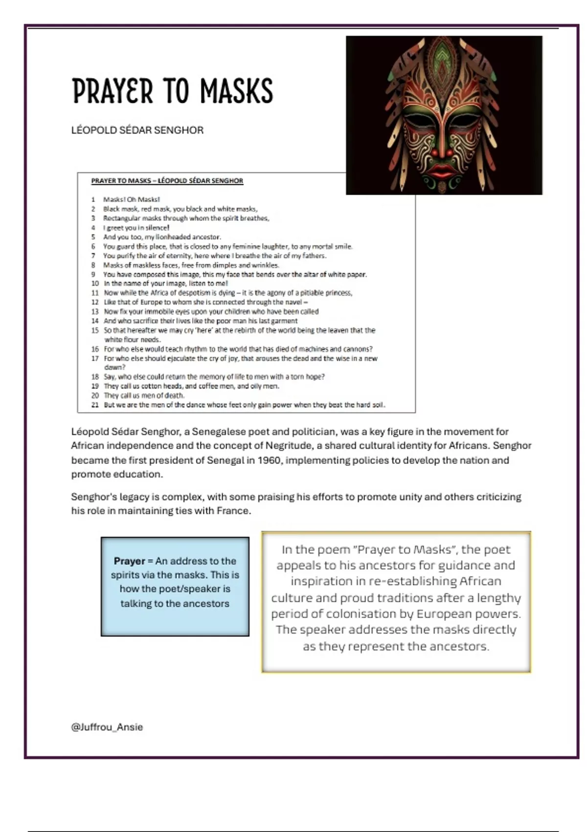 Summary Prayer To Masks by LÉOPOLD SÉDAR SENGHOR A colorful and ...