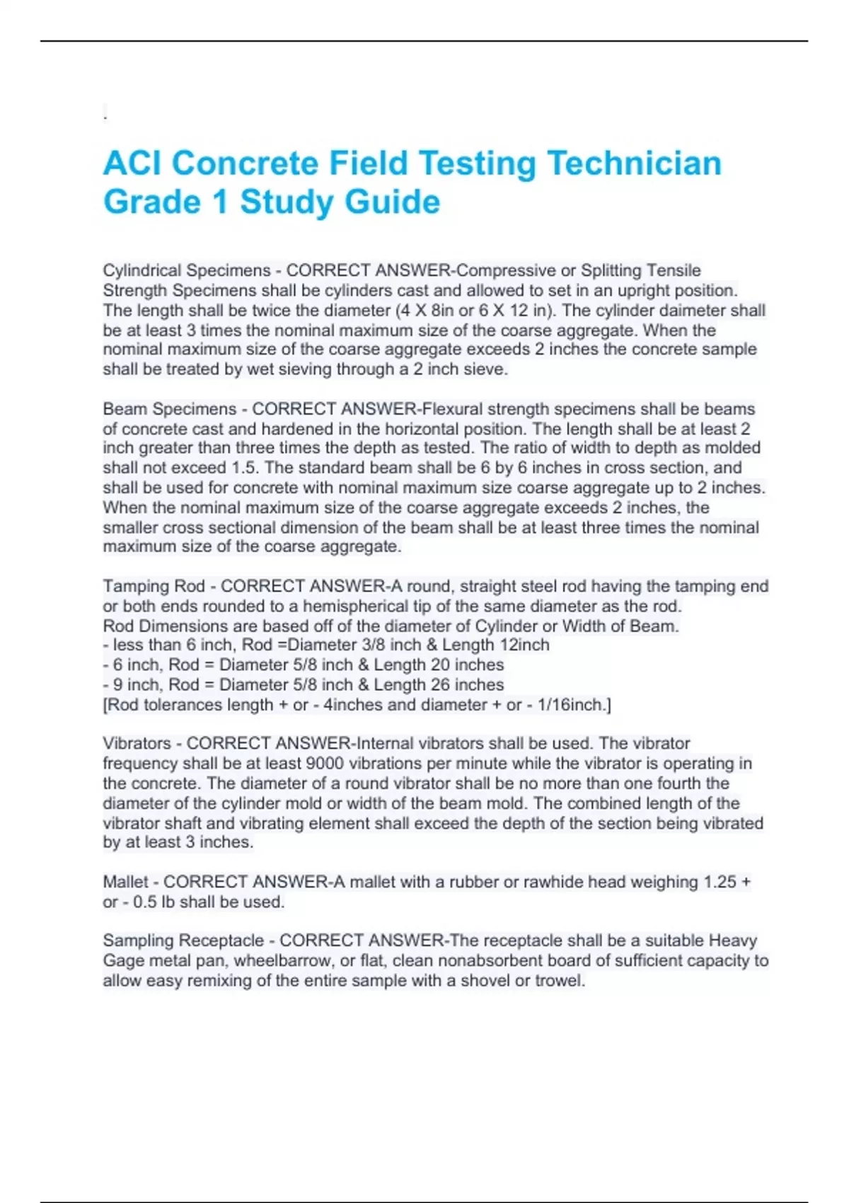 ACI Concrete Field Testing Technician Grade 1 Study Guide Questions and ...