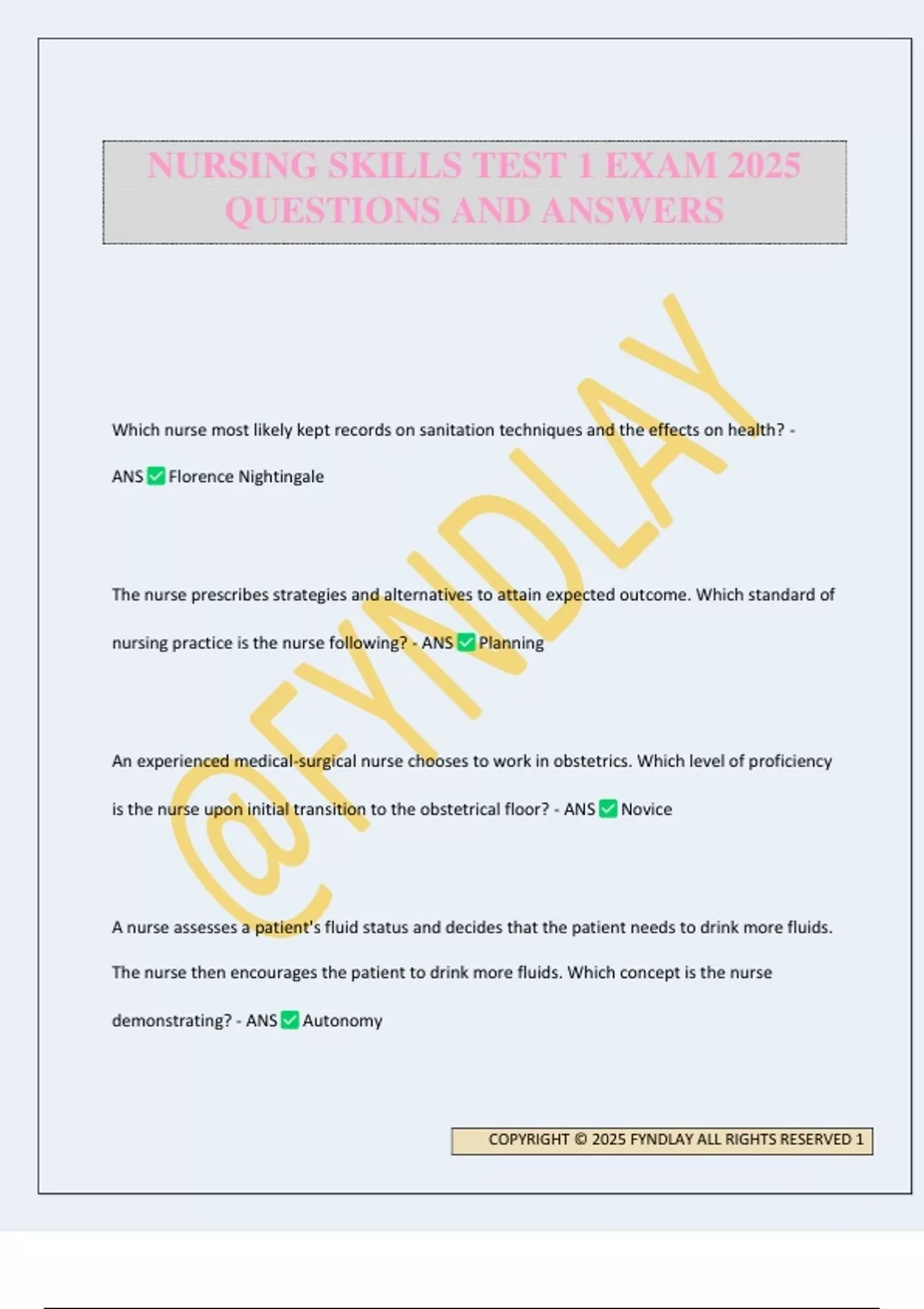 NURSING SKILLS TEST 1 EXAM 2025 QUESTIONS AND ANSWERS - NURSING SKILLS ...