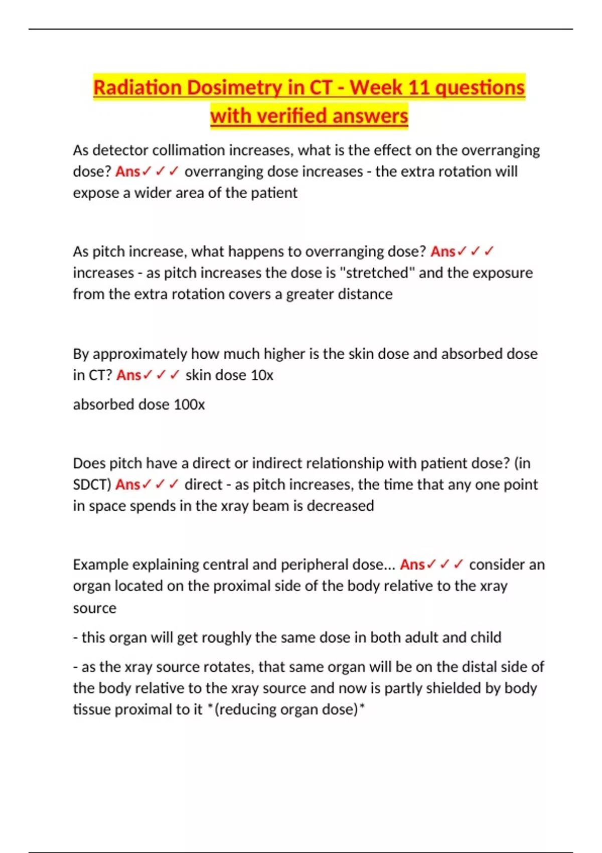 Radiation Dosimetry in CT – Week 11 Questions with Verified Answers for ...