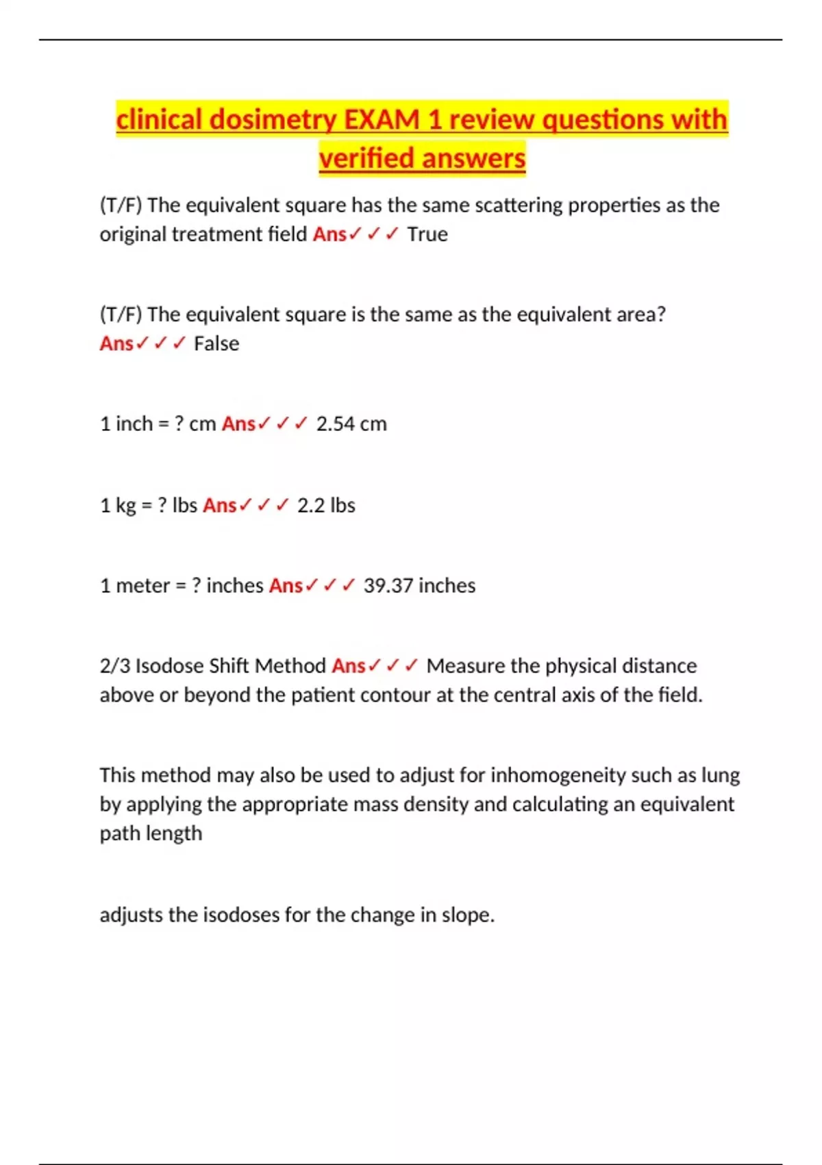 Clinical Dosimetry – Exam 1 Review Questions with Verified Answers and ...
