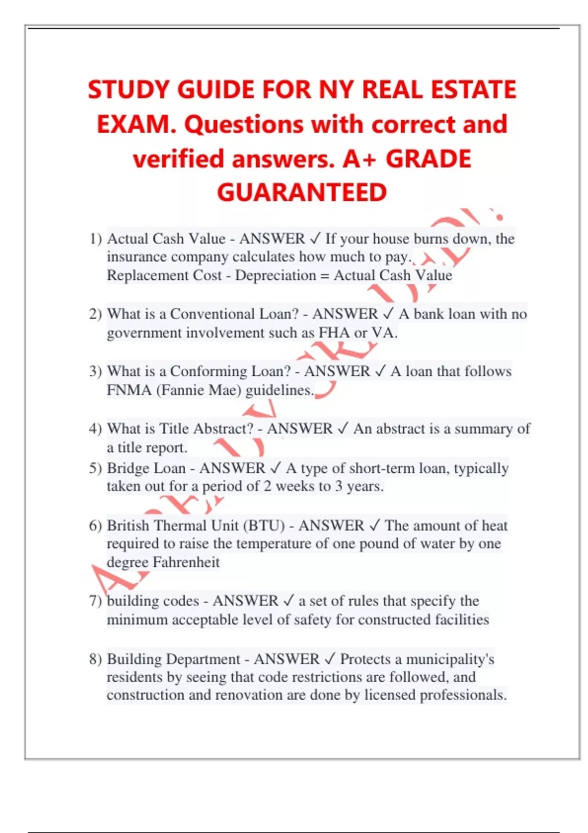 STUDY GUIDE FOR NY REAL ESTATE EXAM. Questions with correct and verified answers. A+ GRADE ...