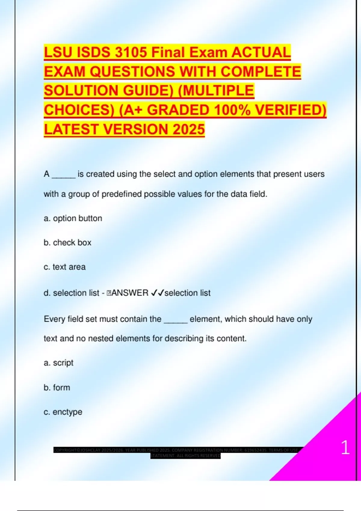 LSU ISDS 3105 Final Exam ACTUAL EXAM QUESTIONS WITH COMPLETE SOLUTION ...