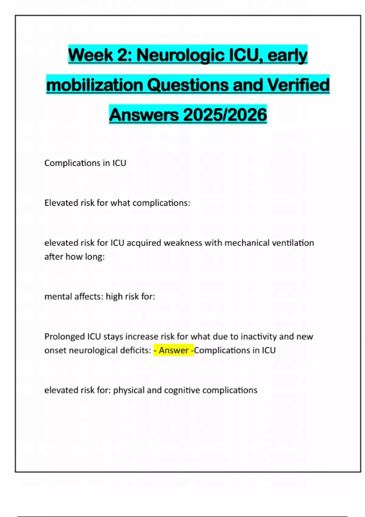Week 2: Neurologic ICU, early mobilization Questions and Verified ...