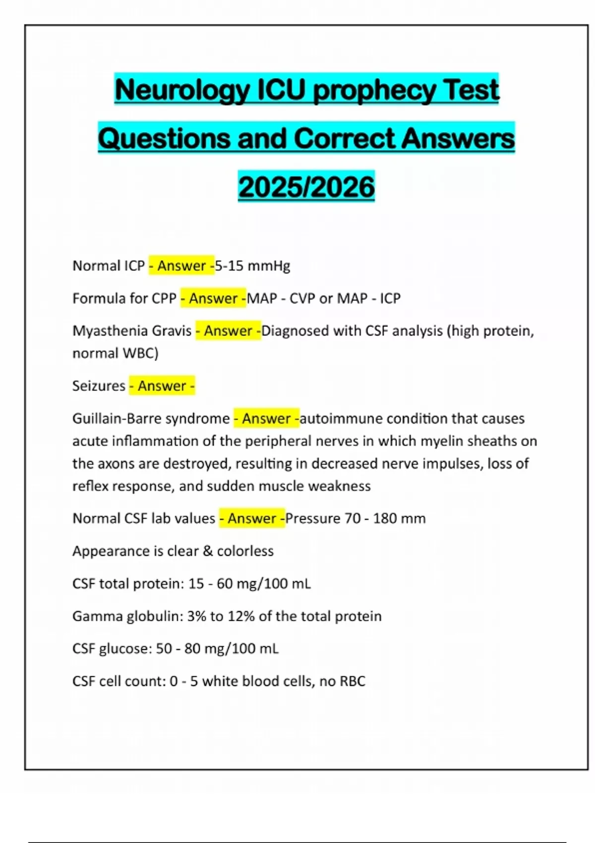 Neurology ICU prophecy Test Questions and Correct Answers 2025/2026 ...