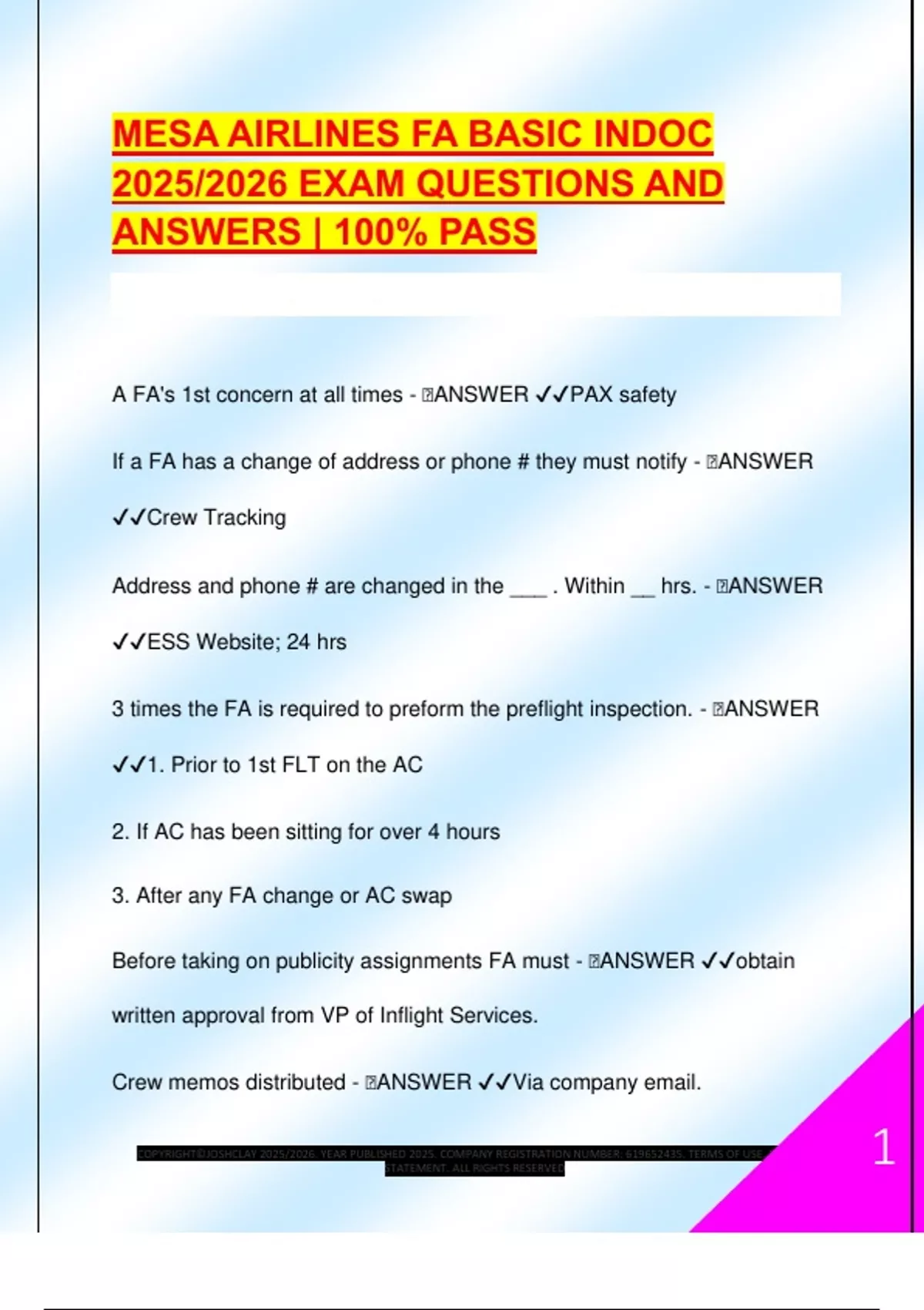 MESA AIRLINES FA BASIC INDOC 2025/2026 EXAM QUESTIONS AND ANSWERS | 100 ...