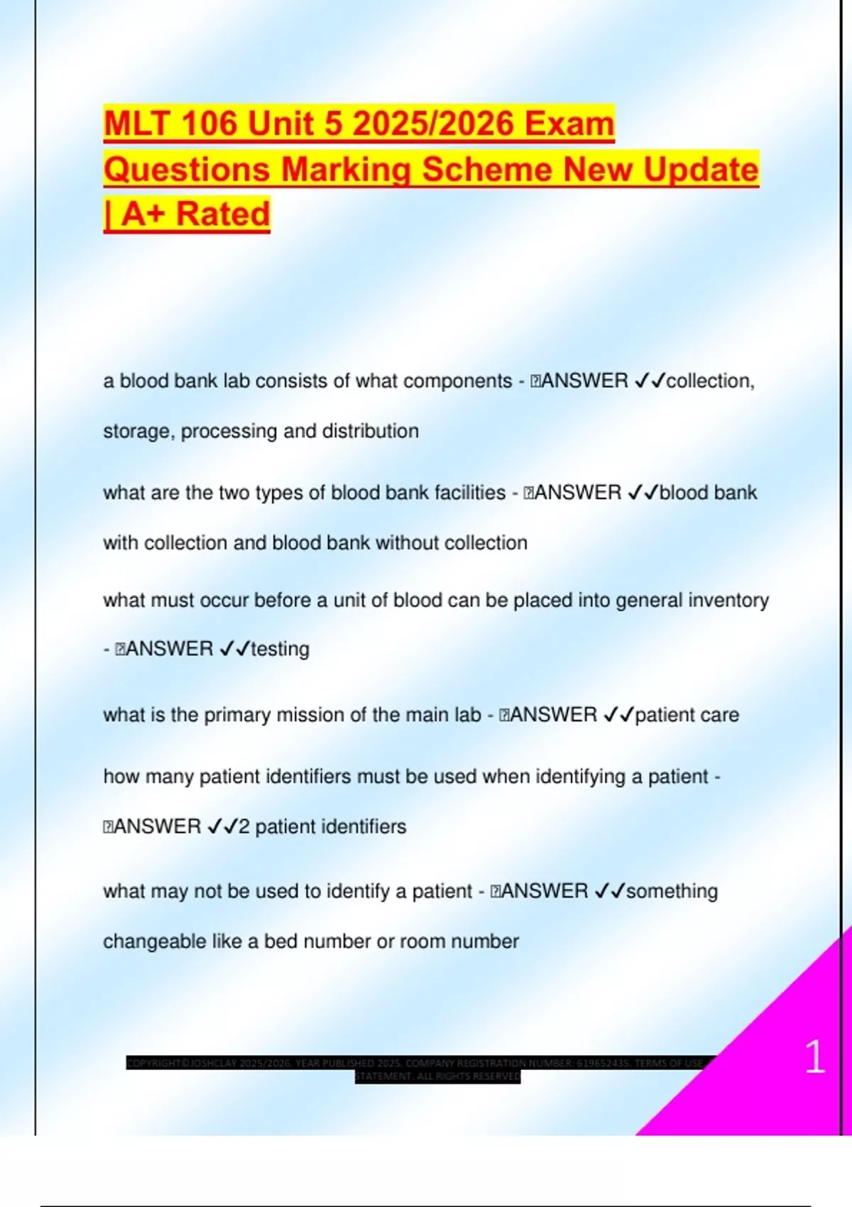 MLT 106 Unit 5 2025/2026 Exam Questions Marking Scheme New Update | A+ Rated - MLT 106 - Stuvia US