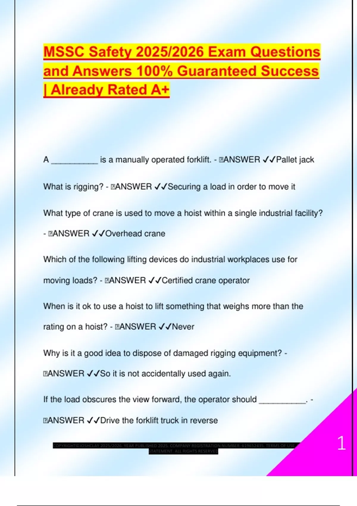 MSSC Safety 2025/2026 Exam Questions and Answers 100% Guaranteed ...