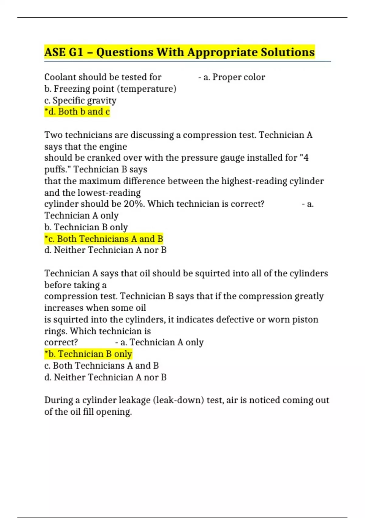 ASE G1 – Questions With Appropriate Solutions - ASE - Stuvia US