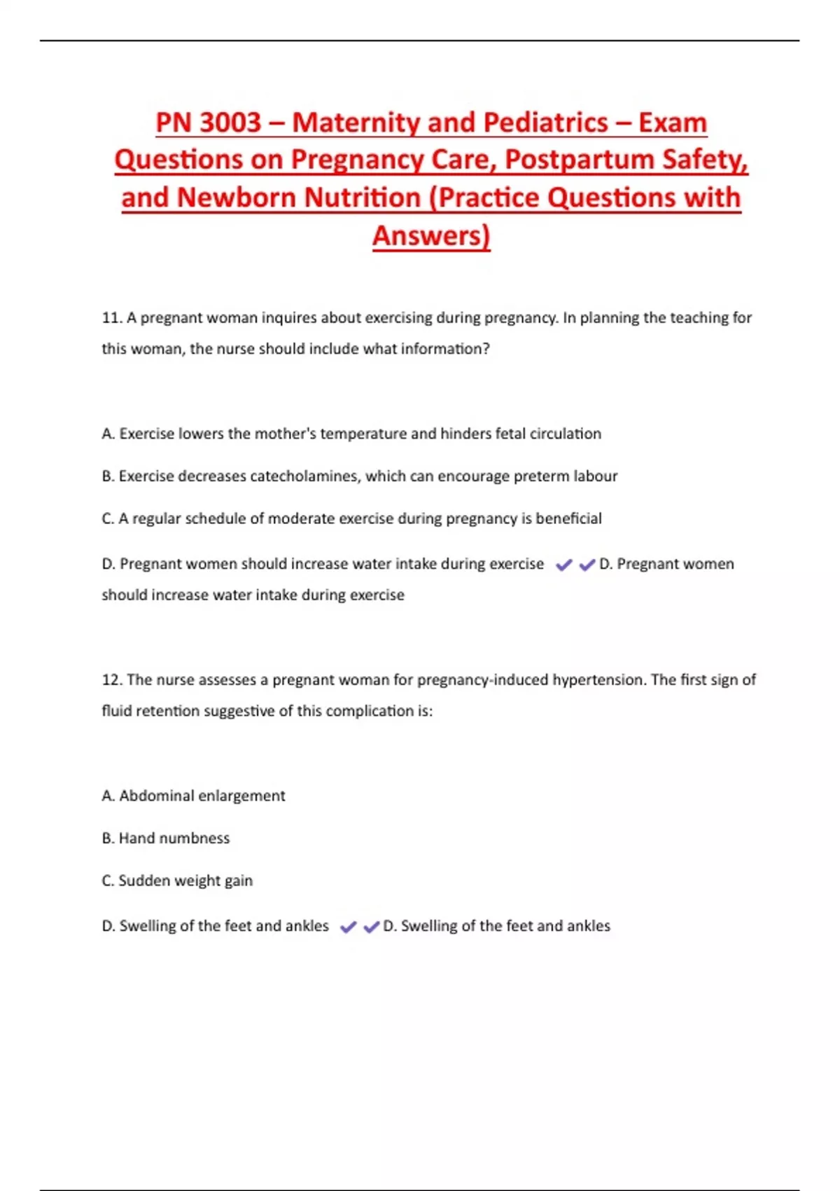 PN 3003 – Maternity and Pediatrics – Exam Questions on Pregnancy Care ...