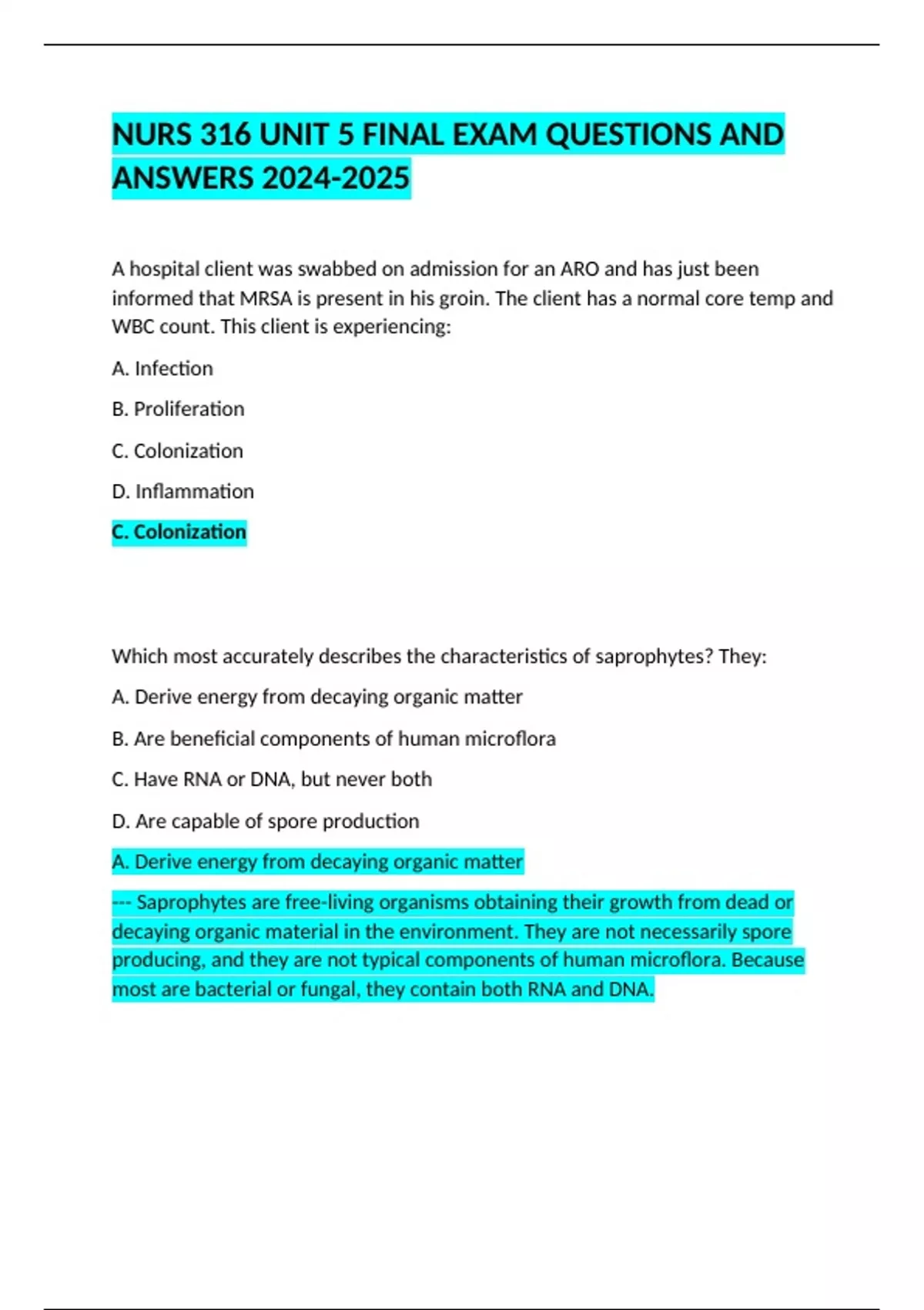 NURS 316 UNIT 5 FINAL EXAM QUESTIONS AND ANSWERS - RN- Nursing - Stuvia US