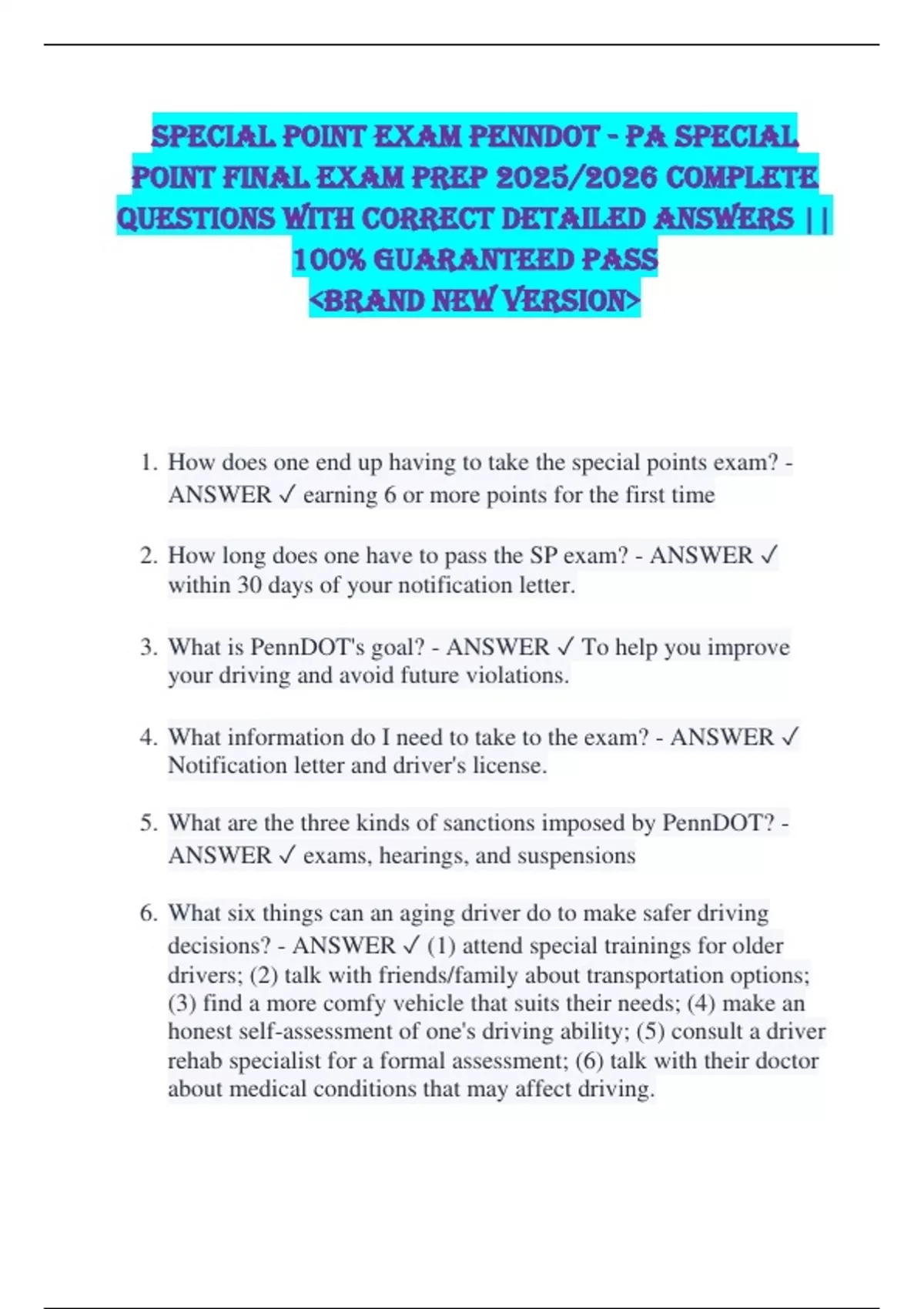 Special Point Exam Penndot - PA Special Point FINAL EXAM PREP 2025/2026 ...