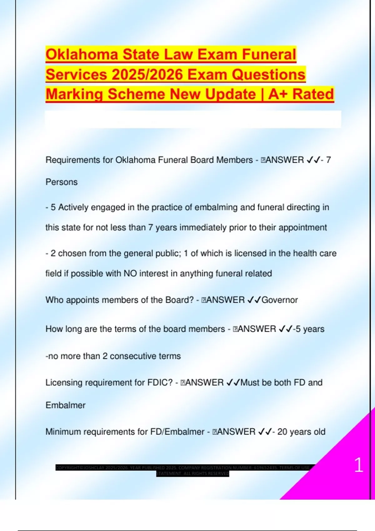 Oklahoma State Law Exam Funeral Services 2025/2026 Exam Questions ...