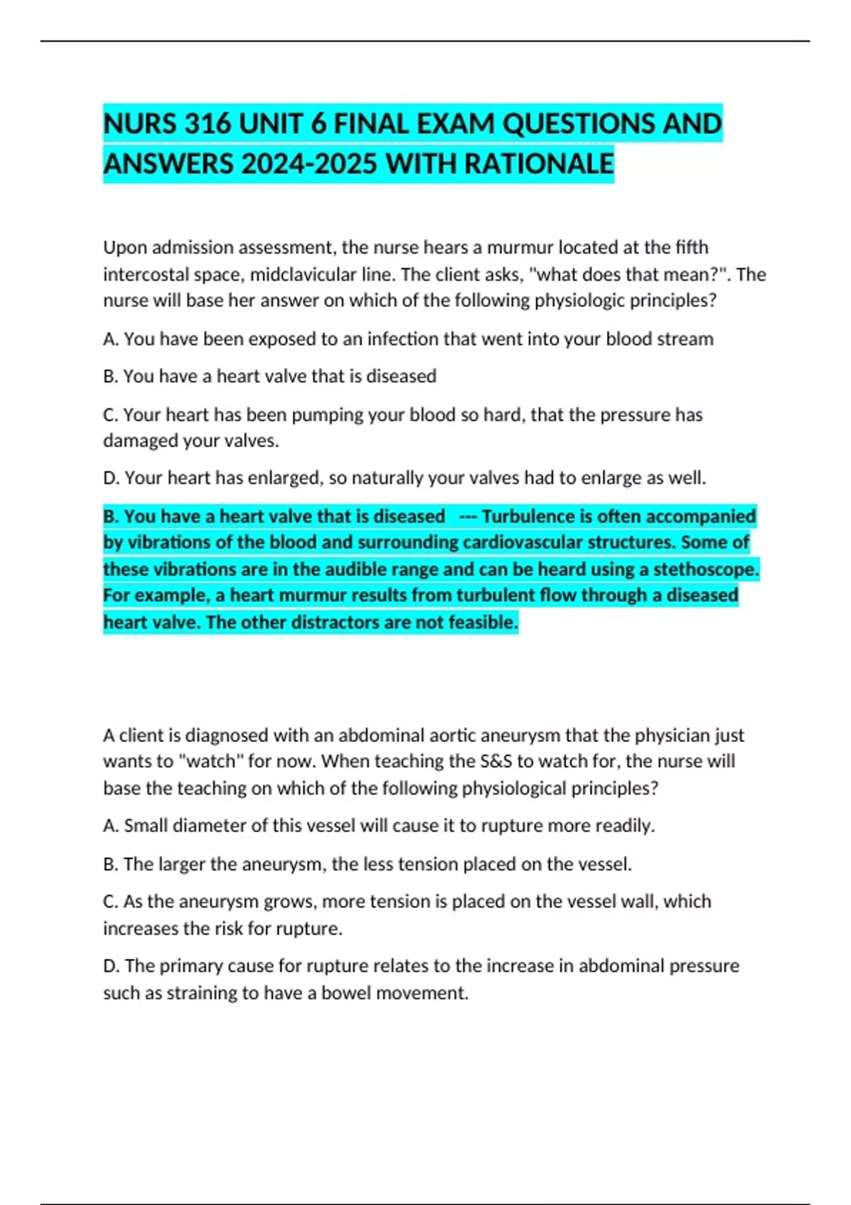NURS 316 UNIT 6 FINAL EXAM QUESTIONS AND ANSWERS WITH RATIONALE - RN- Nursing - Stuvia US