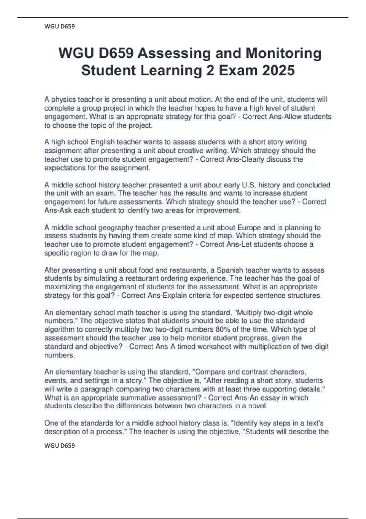 Wgu D659 Assessing And Monitoring Student Learning 2 Exam 2025 Wgu