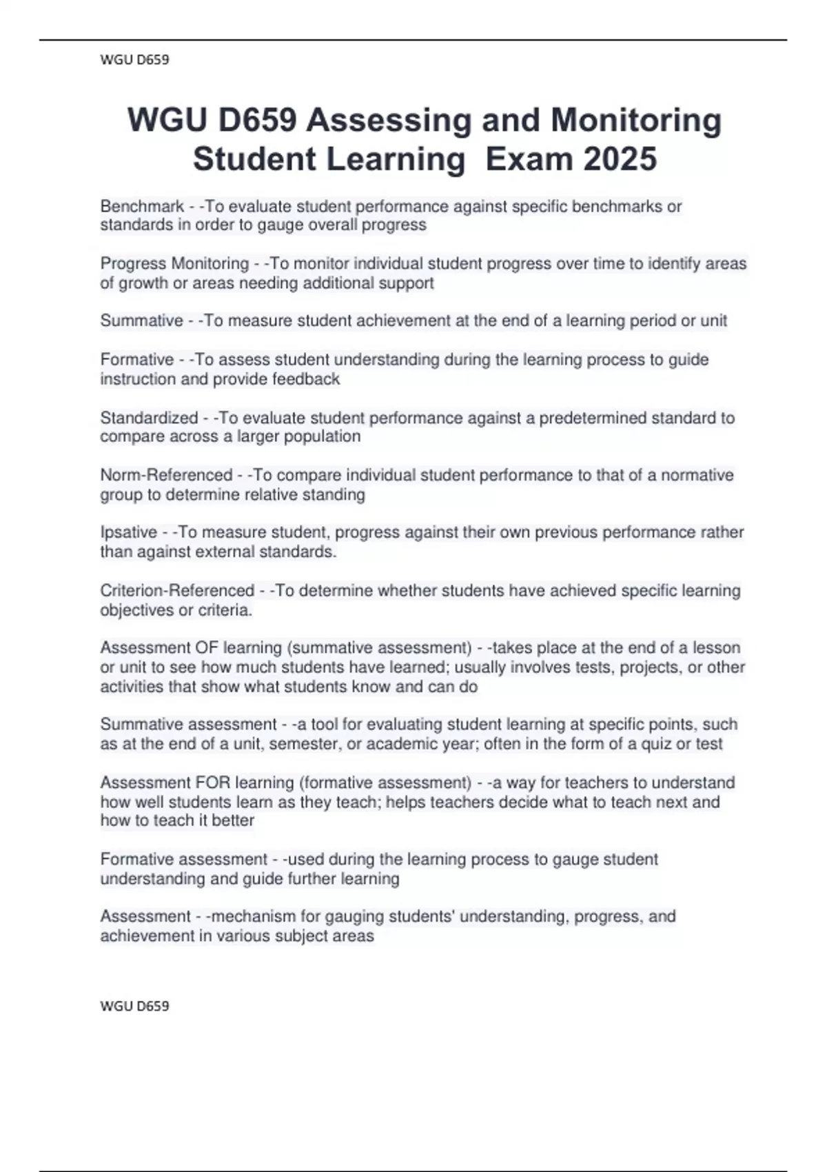 WGU D659 Assessing and Monitoring Student Learning Exam 2025 - WGU D659 ...